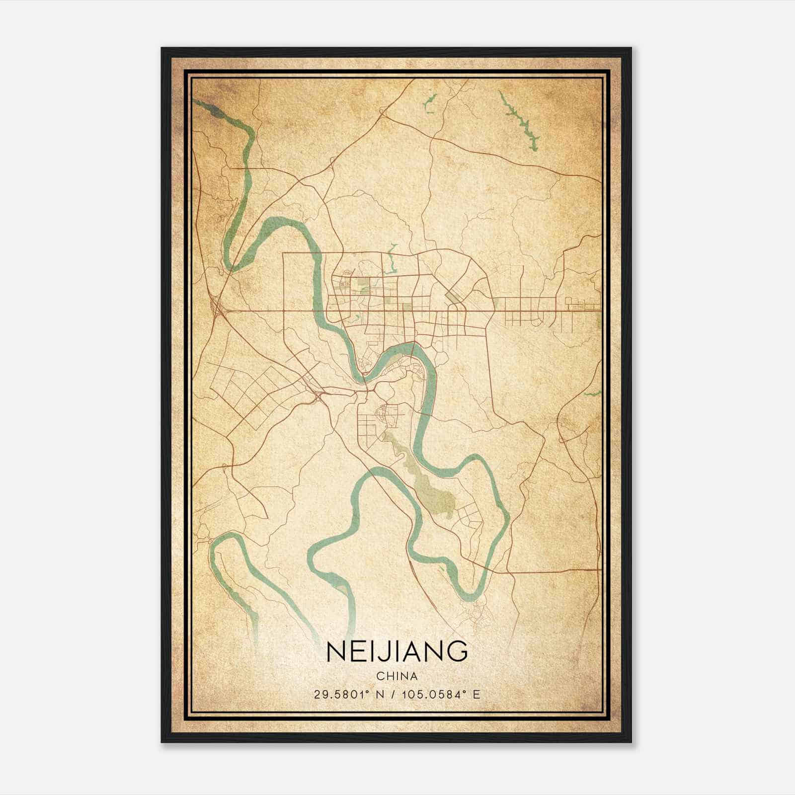 Vintage Neijiang China Map Poster, Neijiang City Road Wall Art Print ...