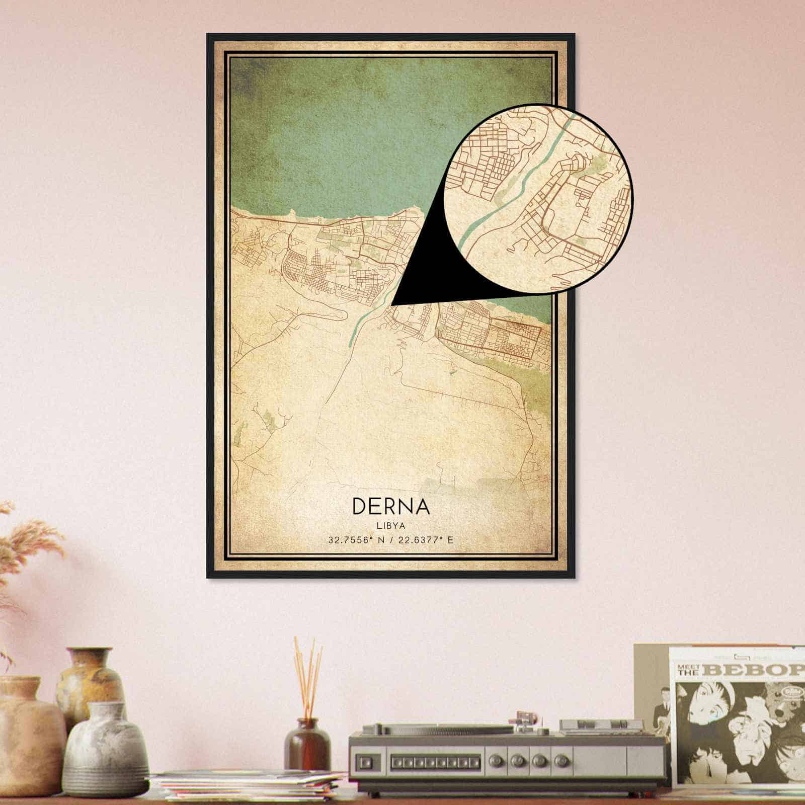 Vintage Derna Libya Map Poster, Derna City Road Wall Art Print - Custom ...