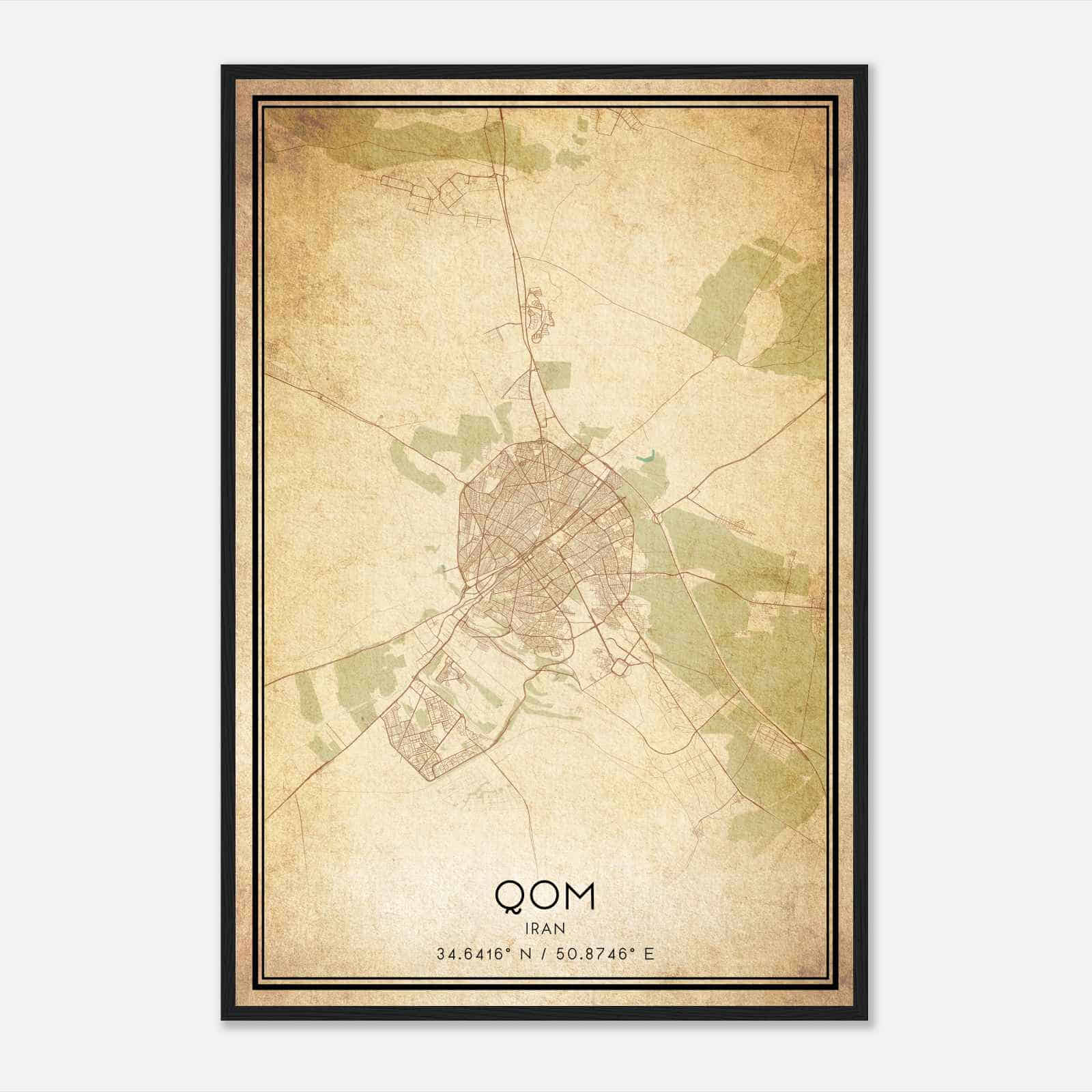 Vintage Qom Iran Map Poster, Qom City Road Wall Art Print - Custom Maps ...