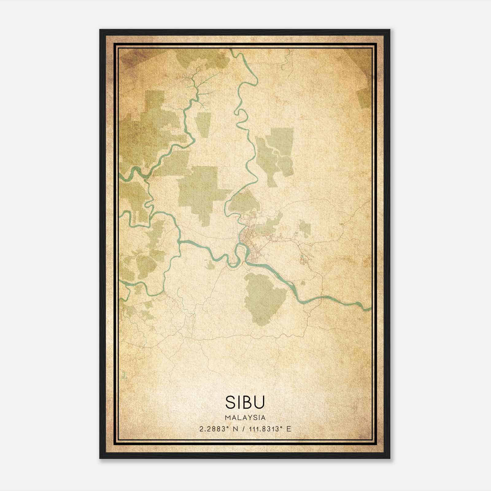 Vintage Sibu Malaysia Map Poster, Sibu City Road Wall Art Print ...