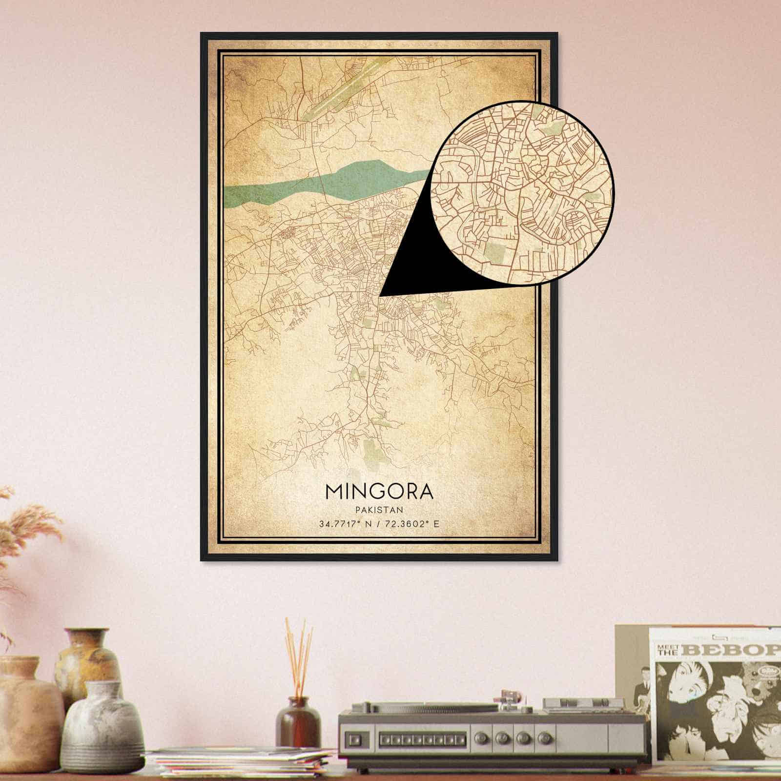 Vintage Mingora Pakistan Map Poster, Mingora City Road Wall Art Print ...