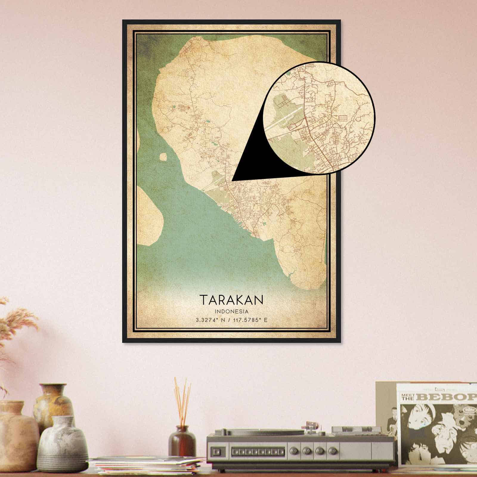 Vintage Tarakan Indonesia Map Poster, Tarakan City Road Wall Art Print ...