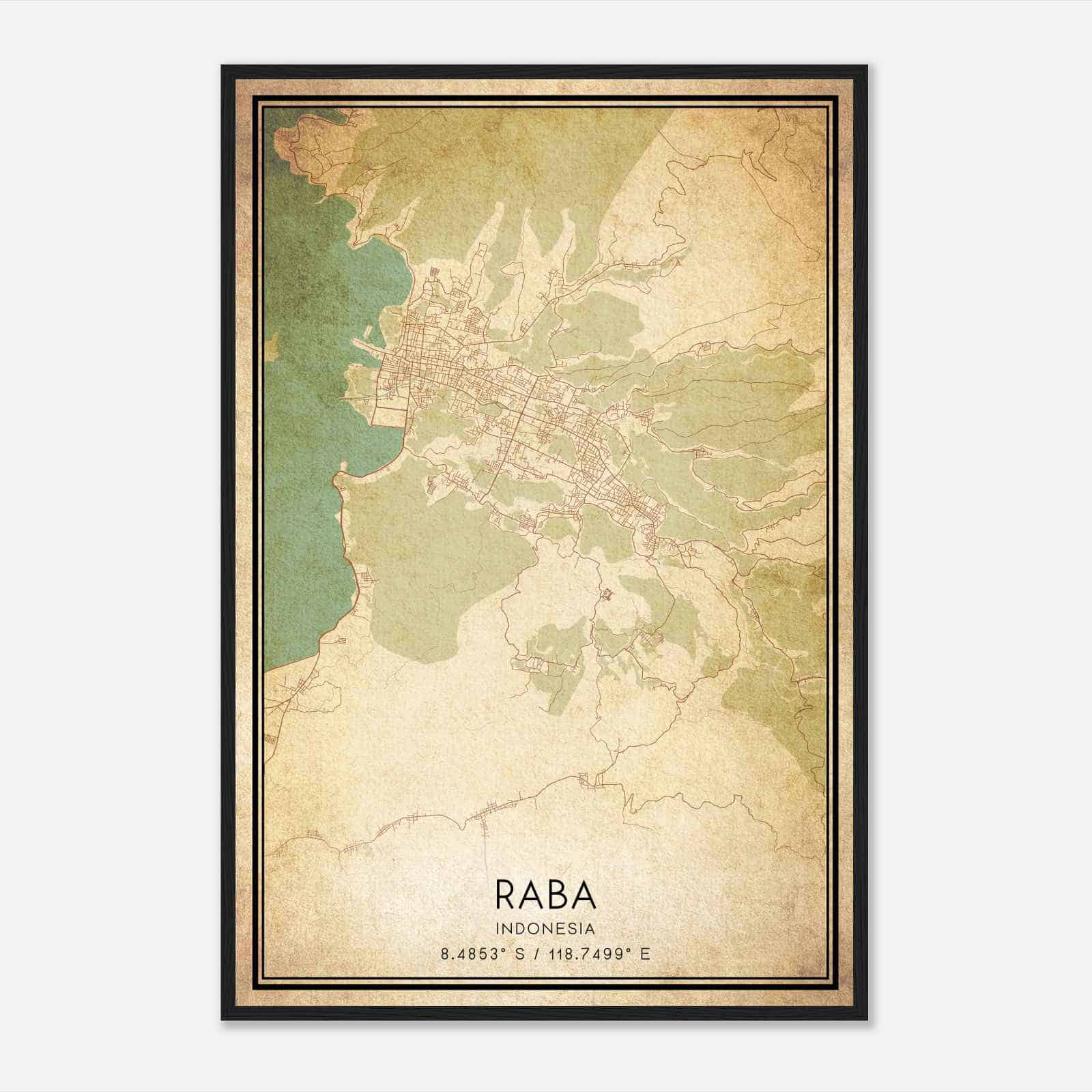 Vintage Raba Indonesia Map Poster, Raba City Road Wall Art Print ...