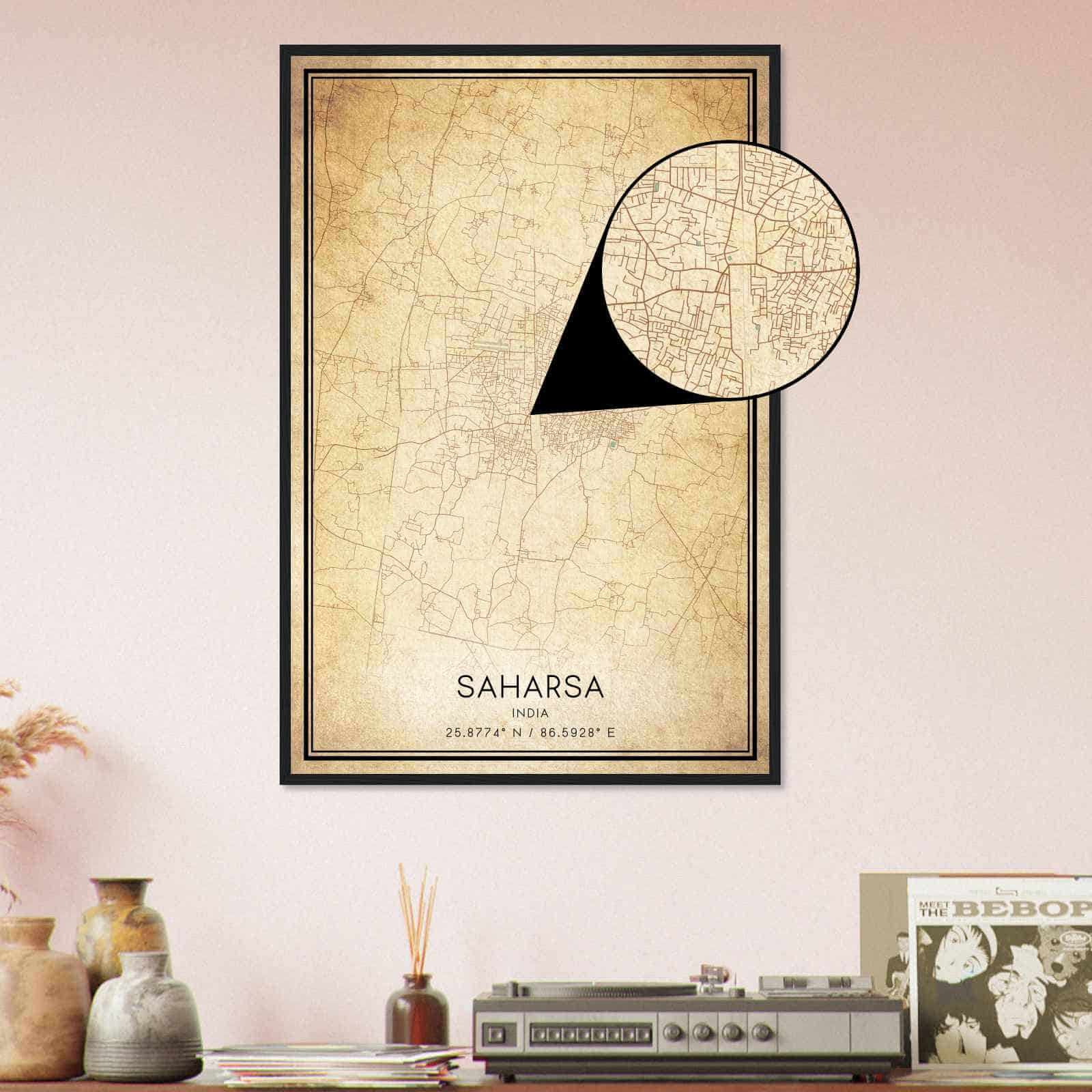Vintage Saharsa India Map Poster, Saharsa City Road Wall Art Print ...