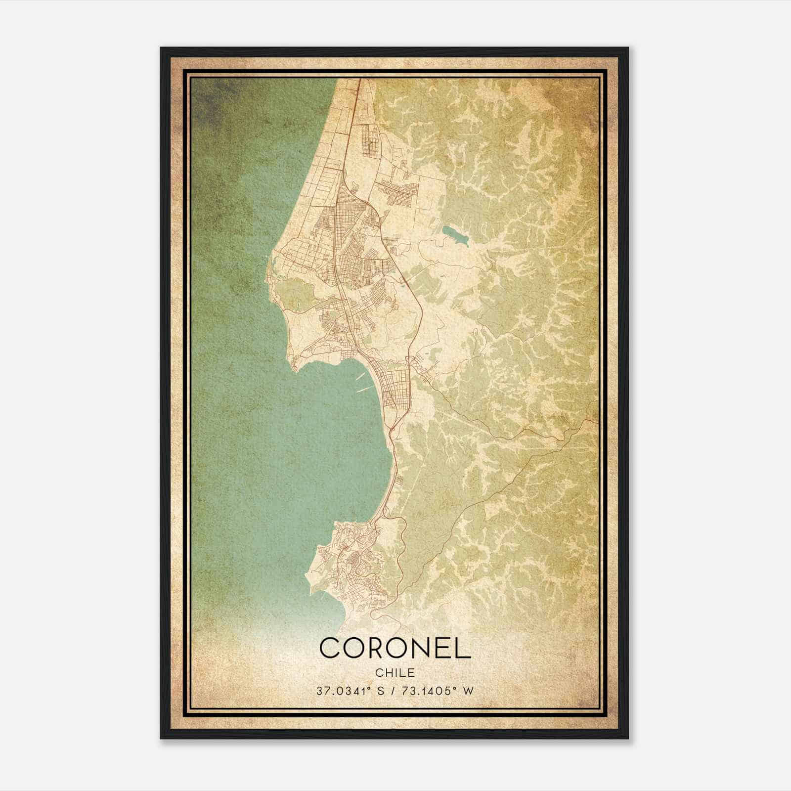 Vintage Coronel Chile Map Poster, Coronel City Road Wall Art Print ...