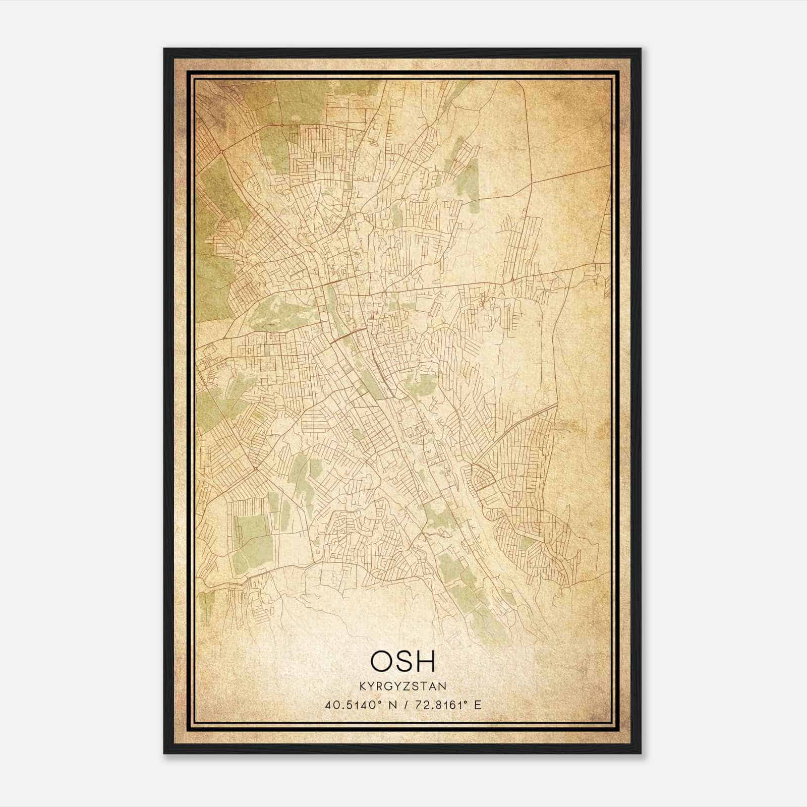 Vintage Osh Kyrgyzstan Map Poster, Osh City Road Wall Art Print ...