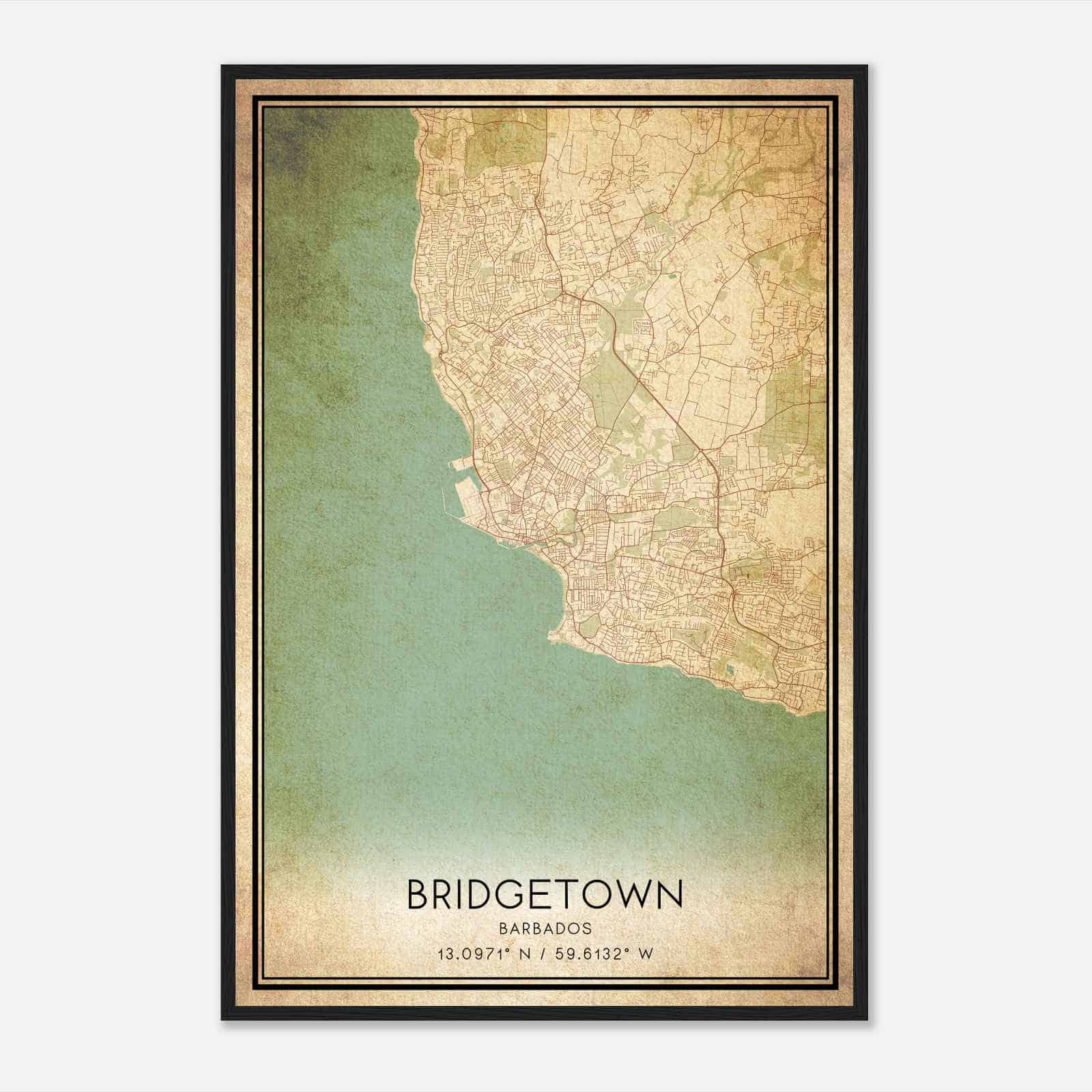 Vintage Bridgetown Barbados Map Poster, Bridgetown City Road Wall Art ...