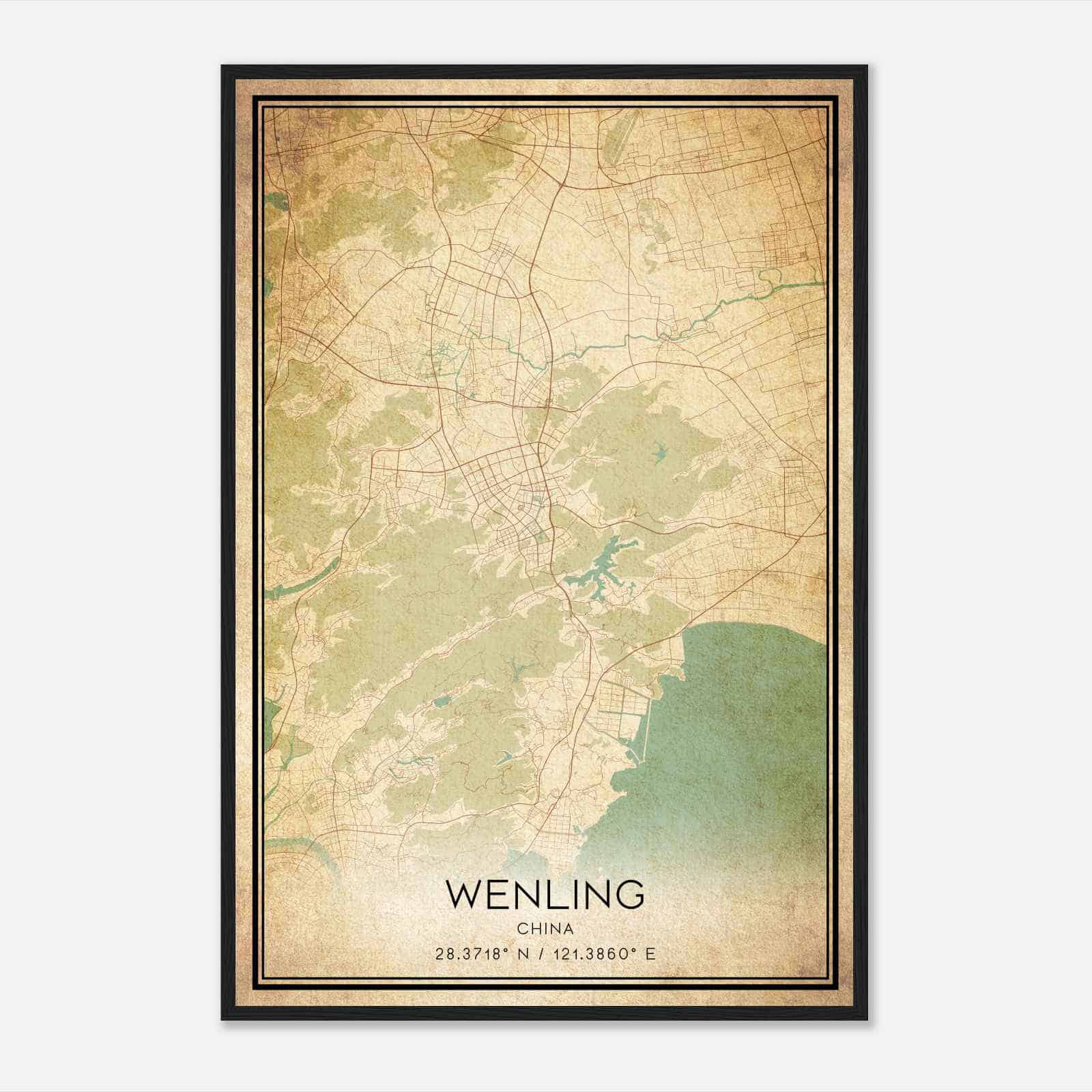 Vintage Wenling China Map Poster, Wenling City Road Wall Art Print ...