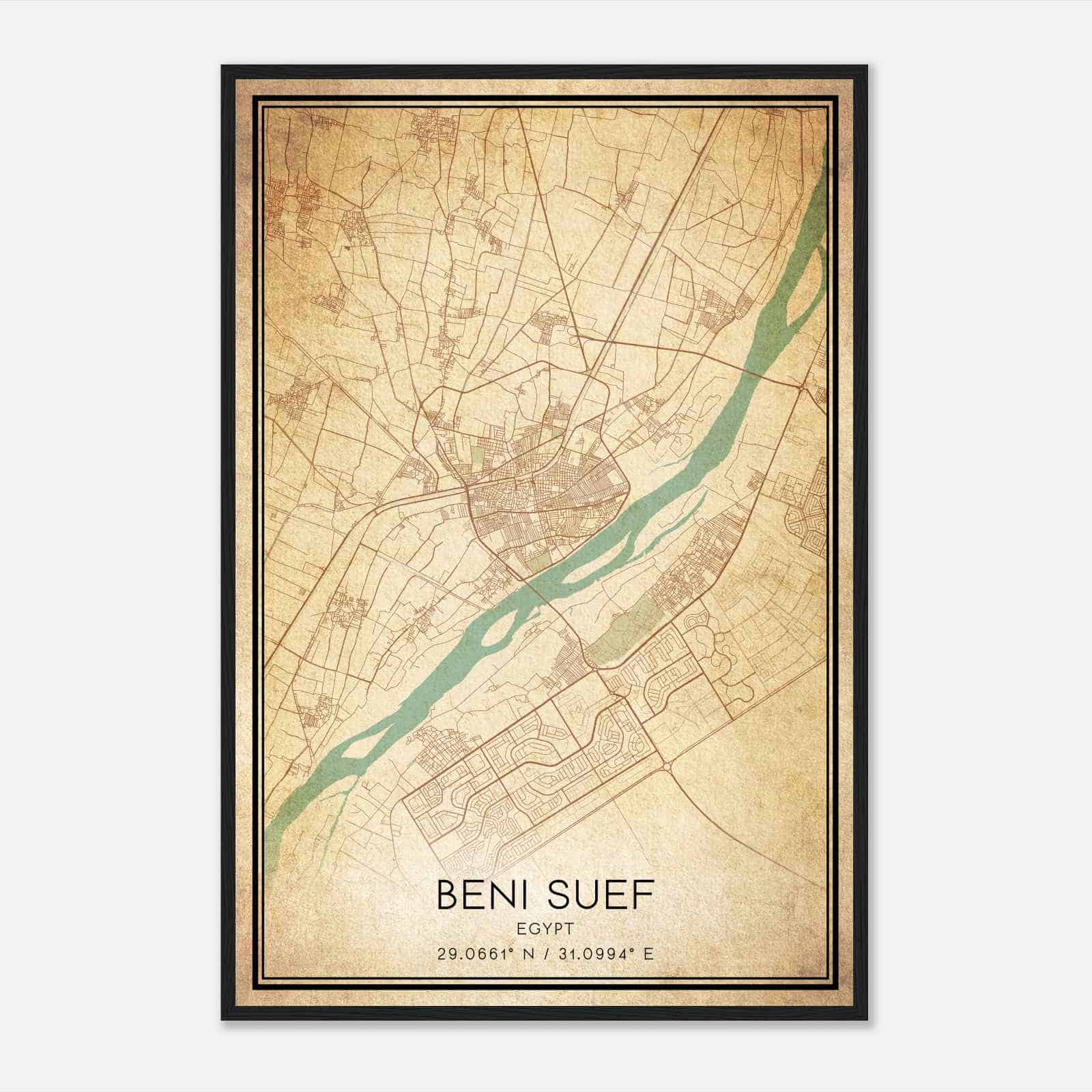 Vintage Beni Suef Egypt Map Poster, Beni Suef City Road Wall Art Print - Custom Maps & Posters