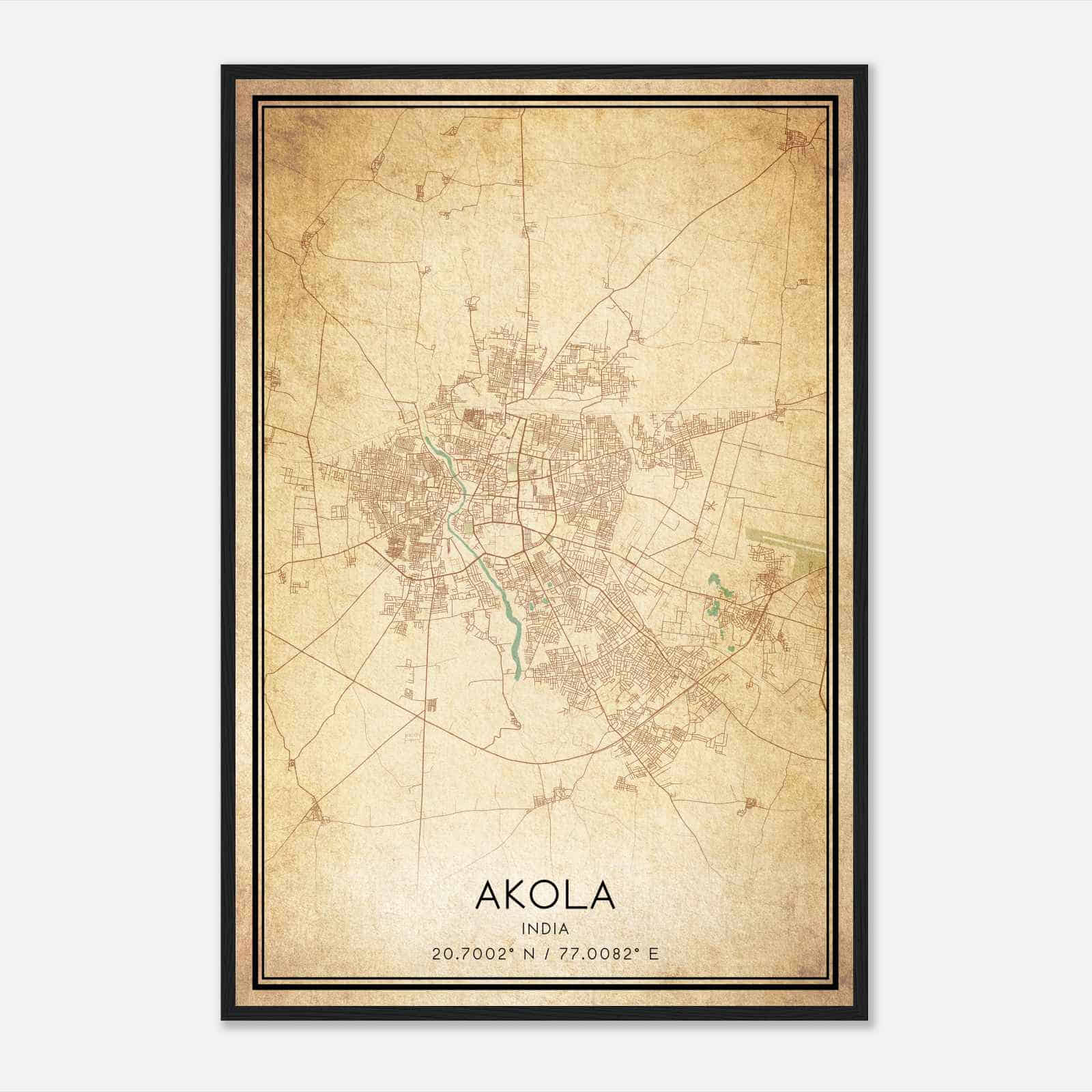 Vintage Akola India Map Poster, Akola City Road Wall Art Print - Custom ...