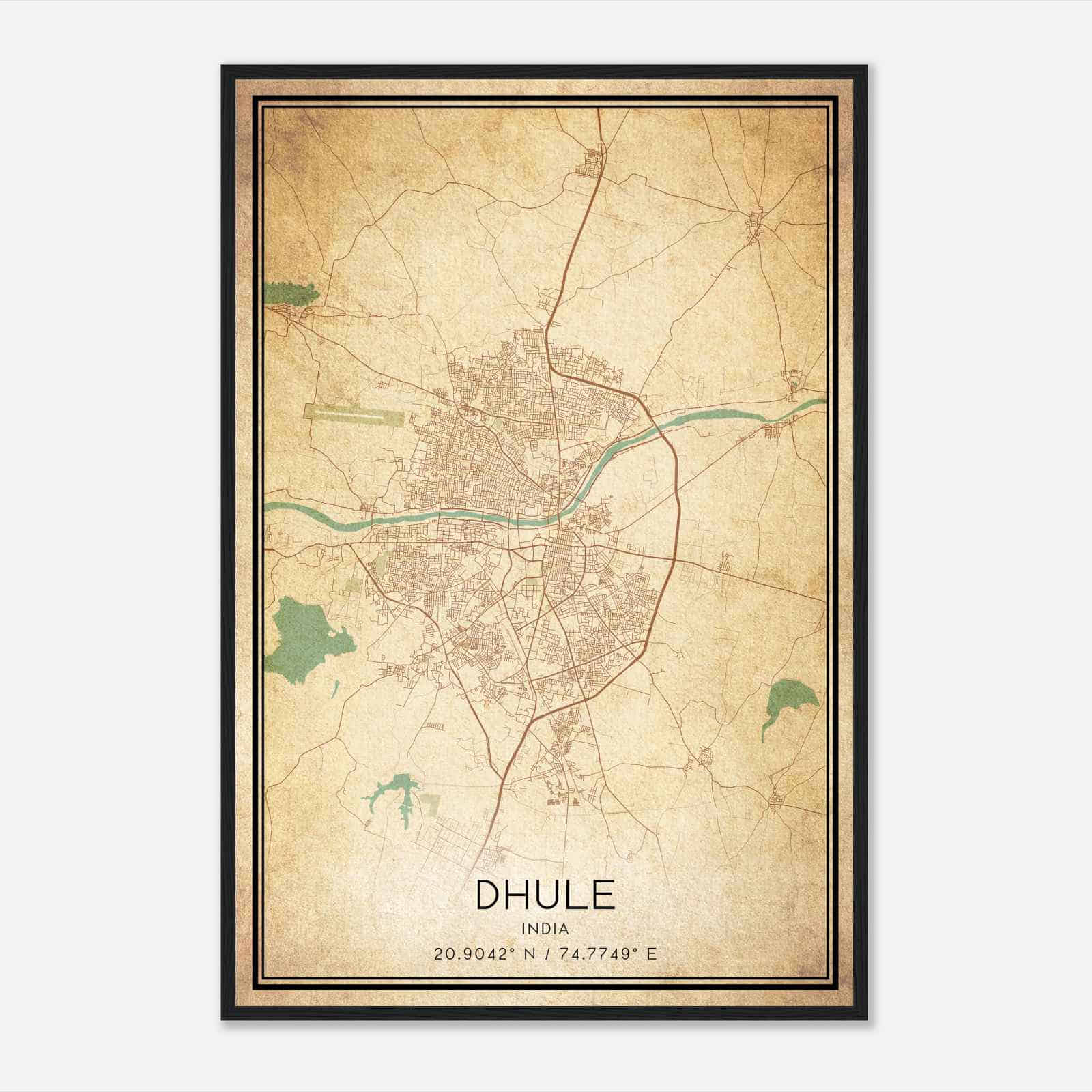 Vintage Dhule India Map Poster, Dhule City Road Wall Art Print - Custom ...