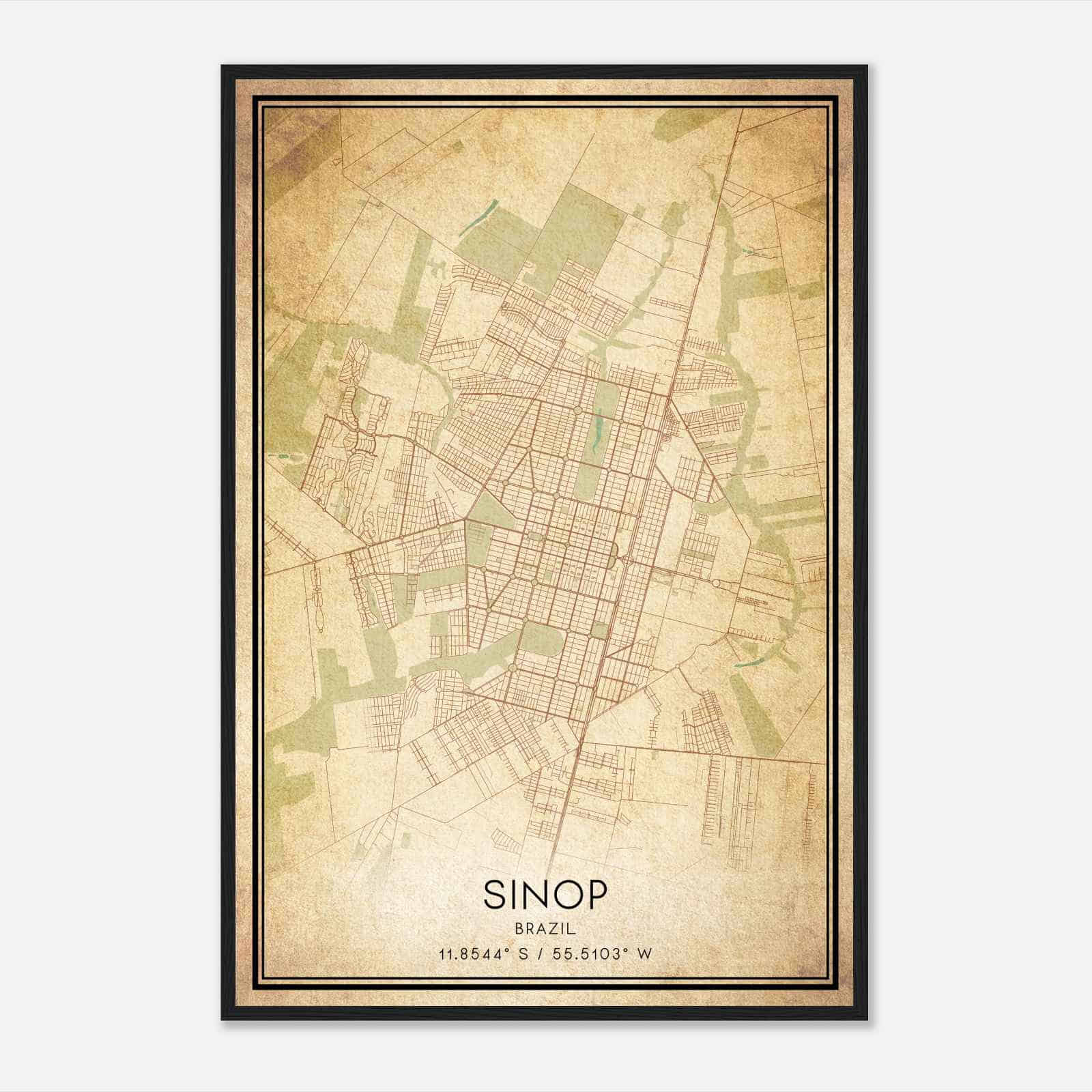 Vintage Sinop Brazil Map Poster, Sinop City Road Wall Art Print - Custom Maps & Posters