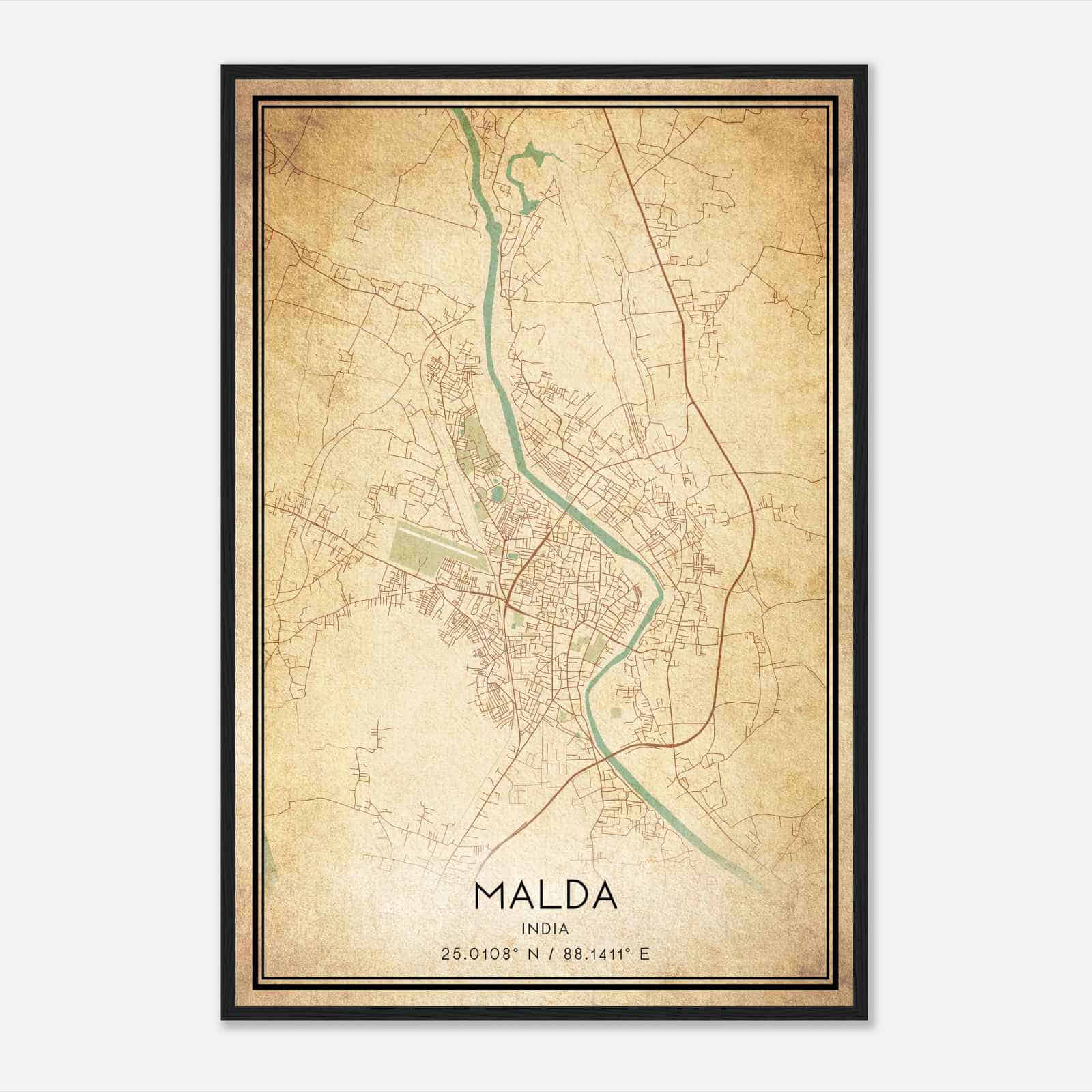 Vintage Malda India Map Poster, Malda City Road Wall Art Print - Custom ...