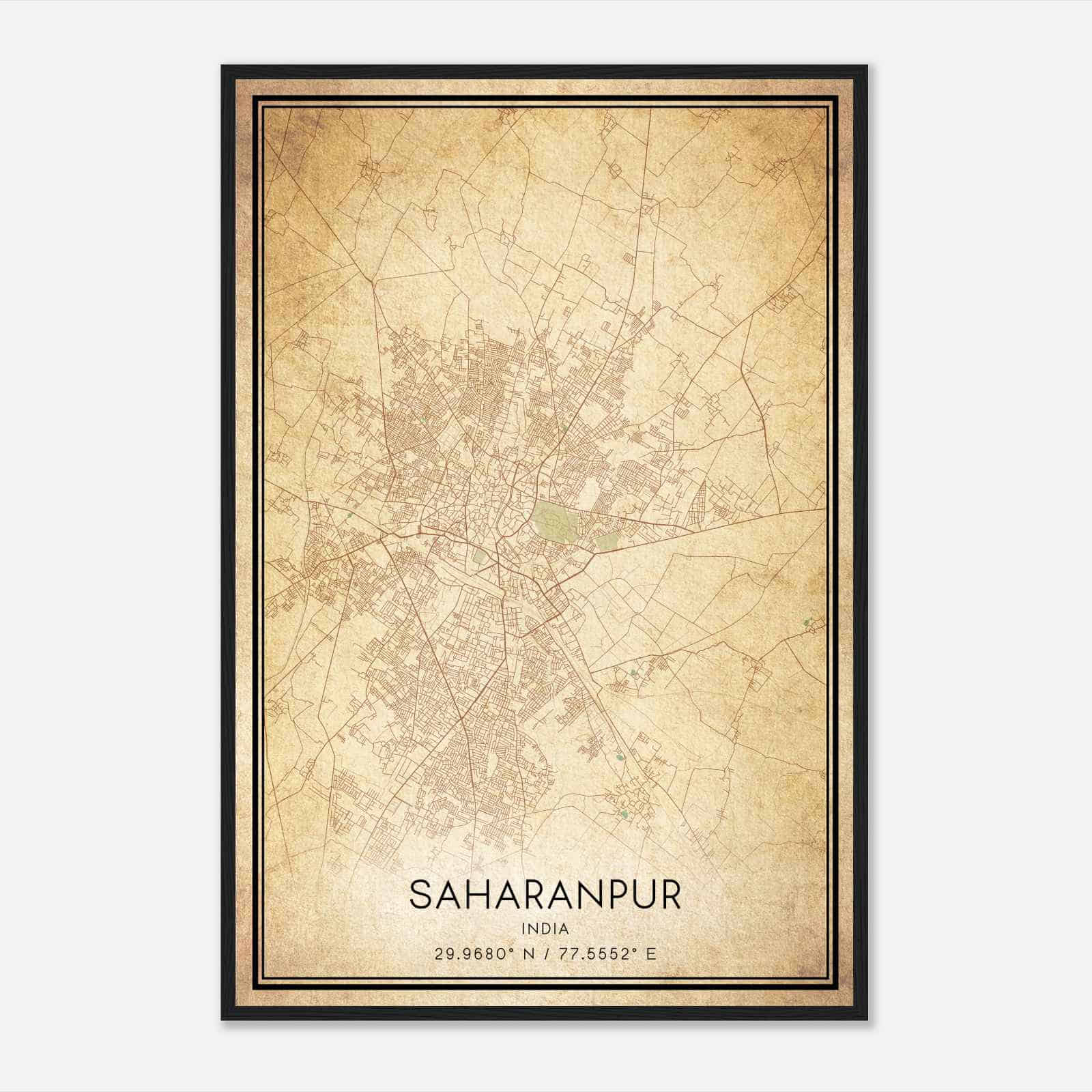 Vintage Saharanpur India Map Poster, Saharanpur City Road Wall Art ...