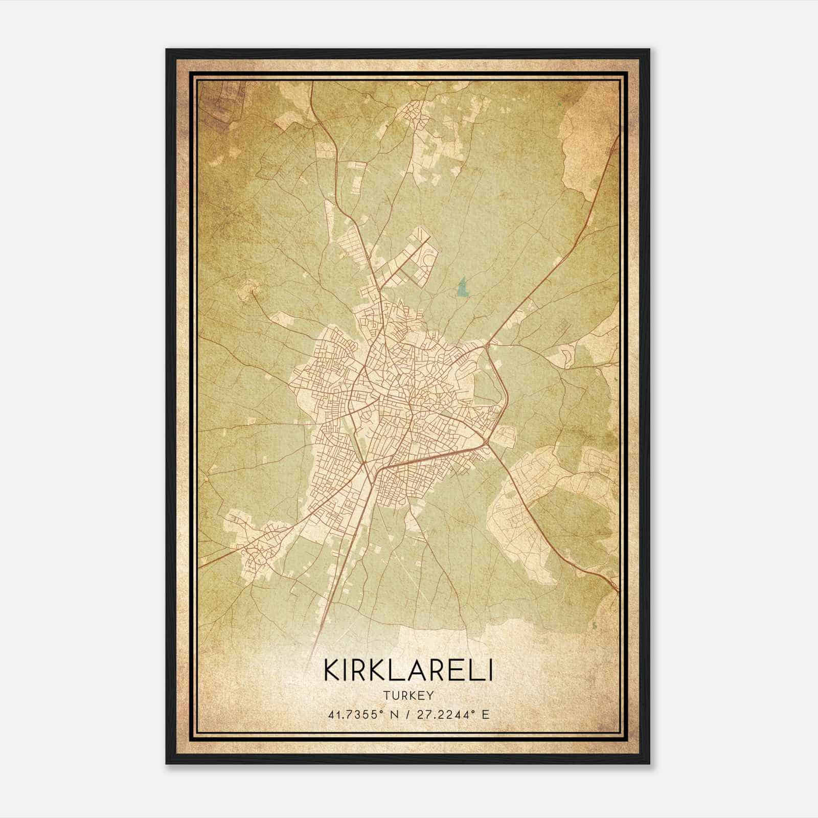 Vintage Kirklareli Turkey Map Poster, Kirklareli City Road Wall Art Print - Custom Maps & Posters