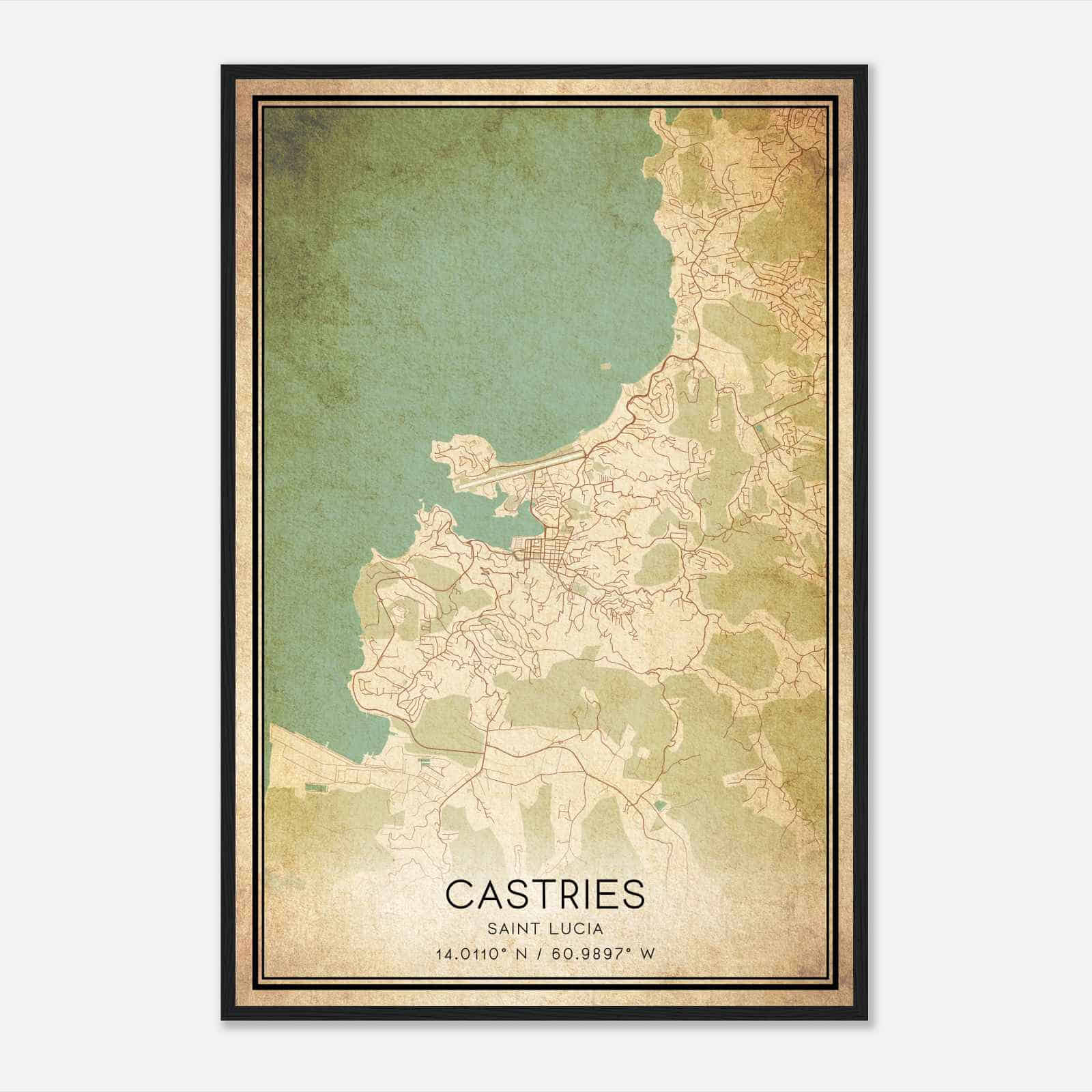 Vintage Castries Saint Lucia Map Poster, Castries City Road Wall Art ...