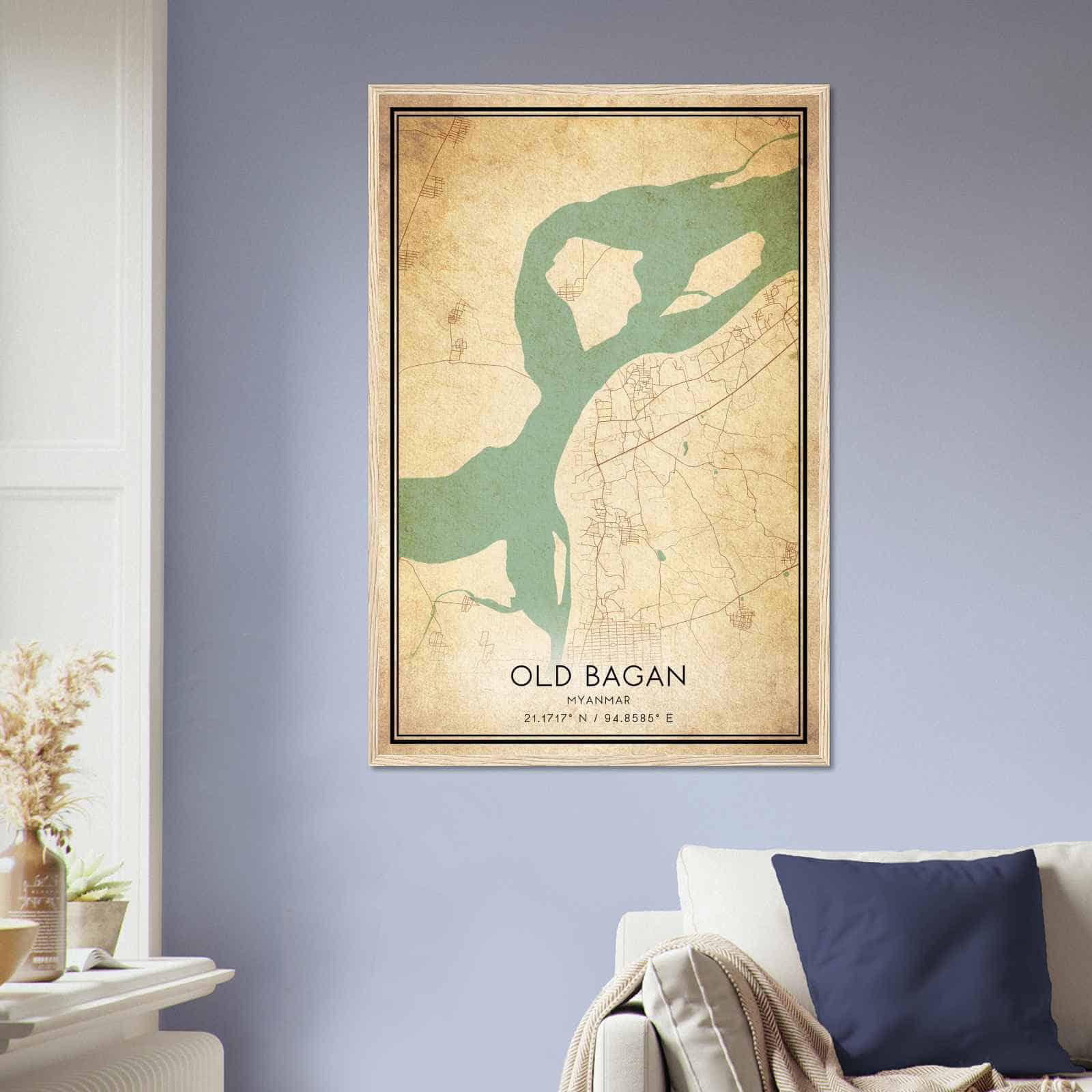 Vintage Old Bagan Myanmar Map Poster, Old Bagan City Road Wall Art ...