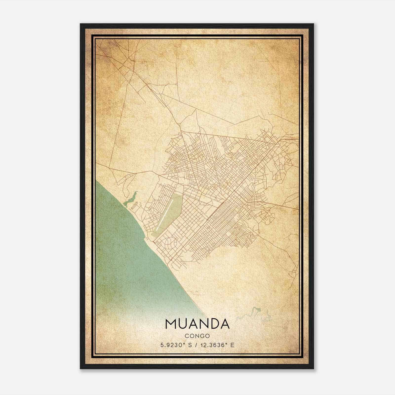 Vintage Muanda Congo Map Poster, Muanda City Road Wall Art Print ...
