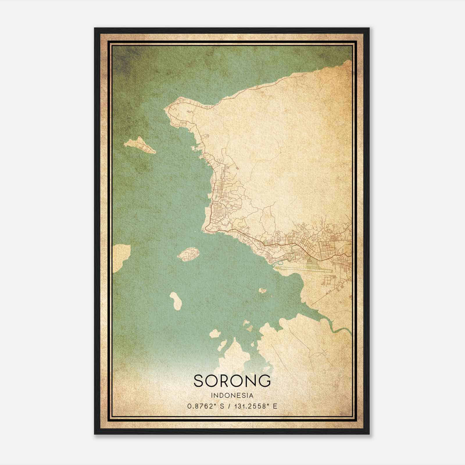 Vintage Sorong Indonesia Map Poster, Sorong City Road Wall Art Print ...