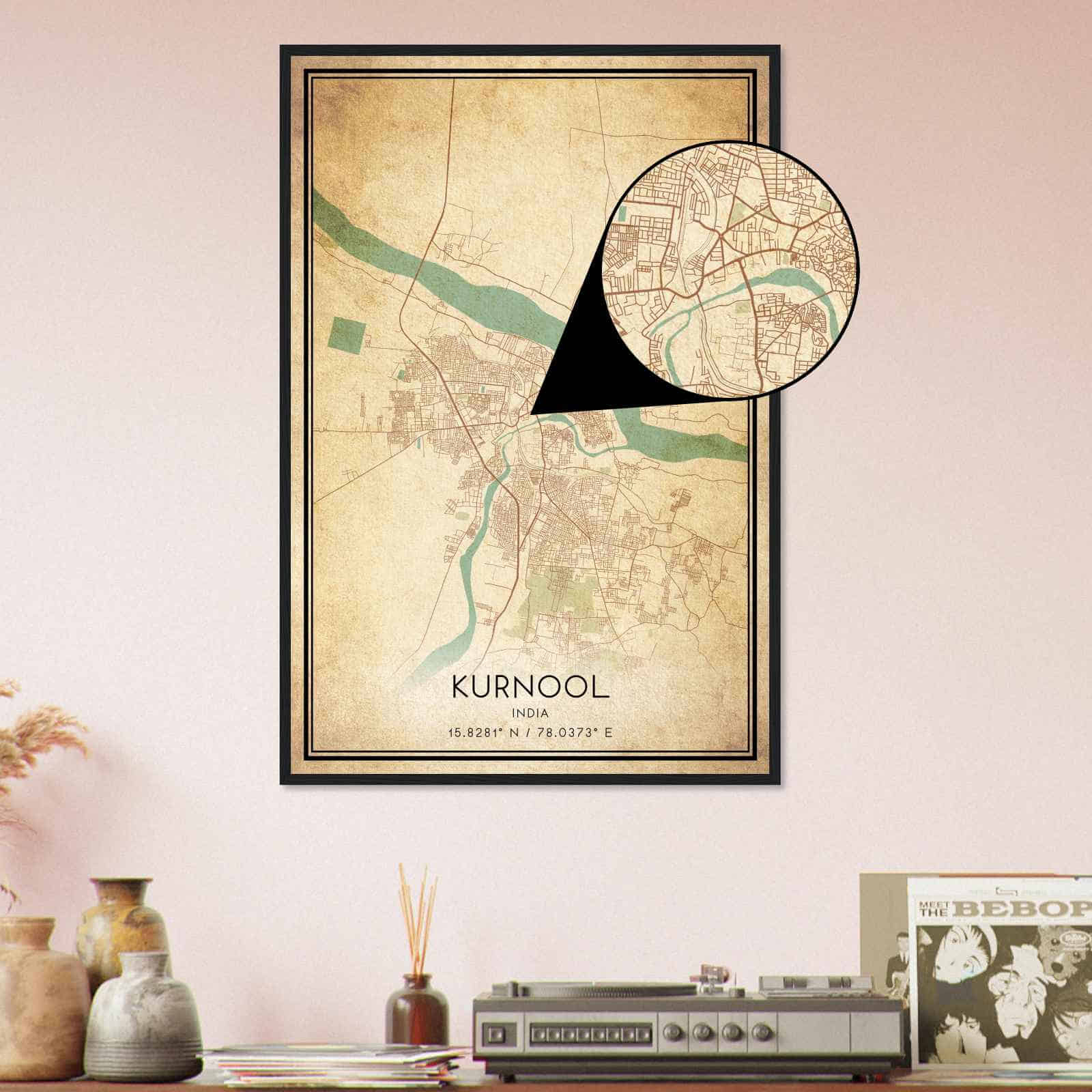 Vintage Kurnool India Map Poster, Kurnool City Road Wall Art Print ...