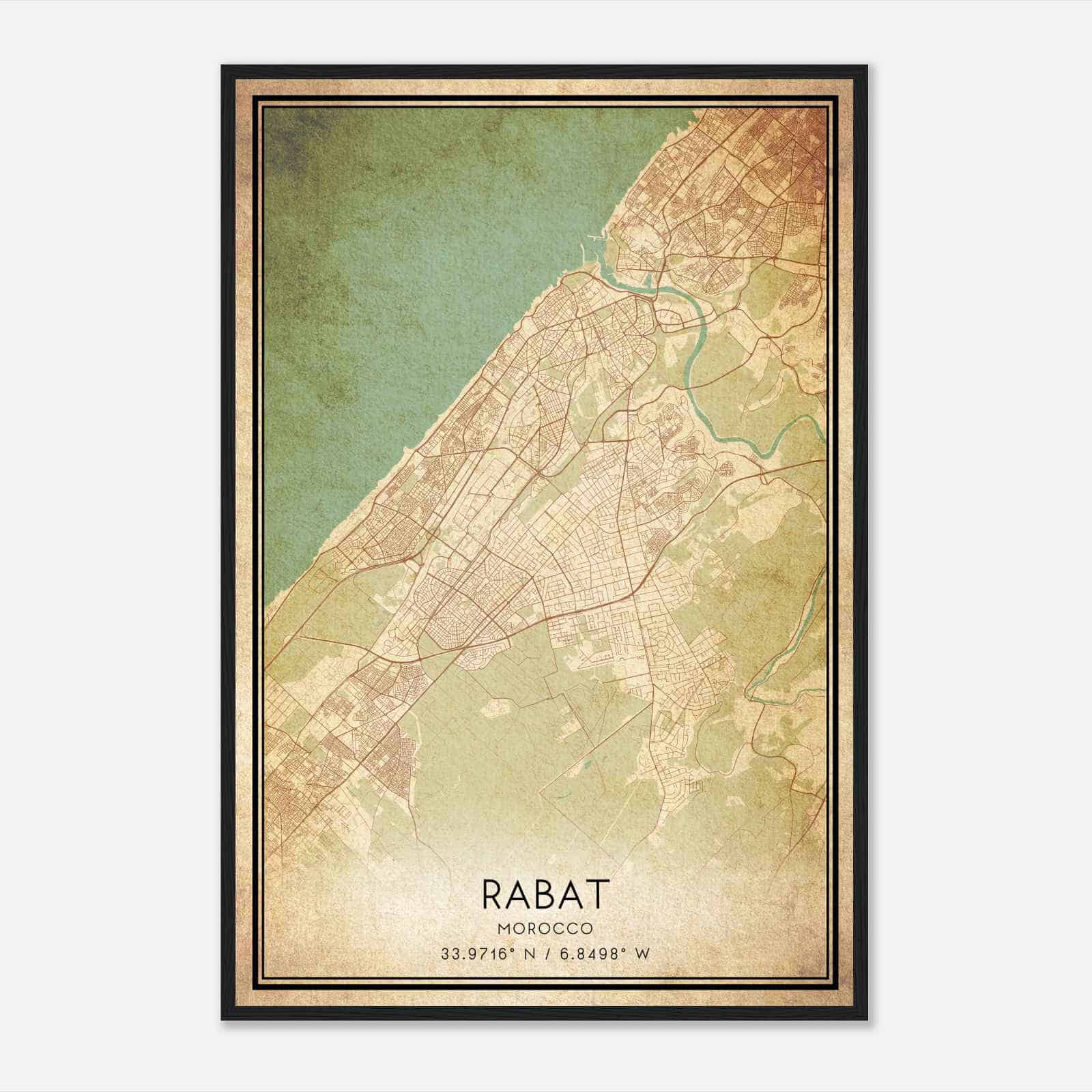 Vintage Rabat Morocco Map Poster, Rabat City Road Wall Art Print ...