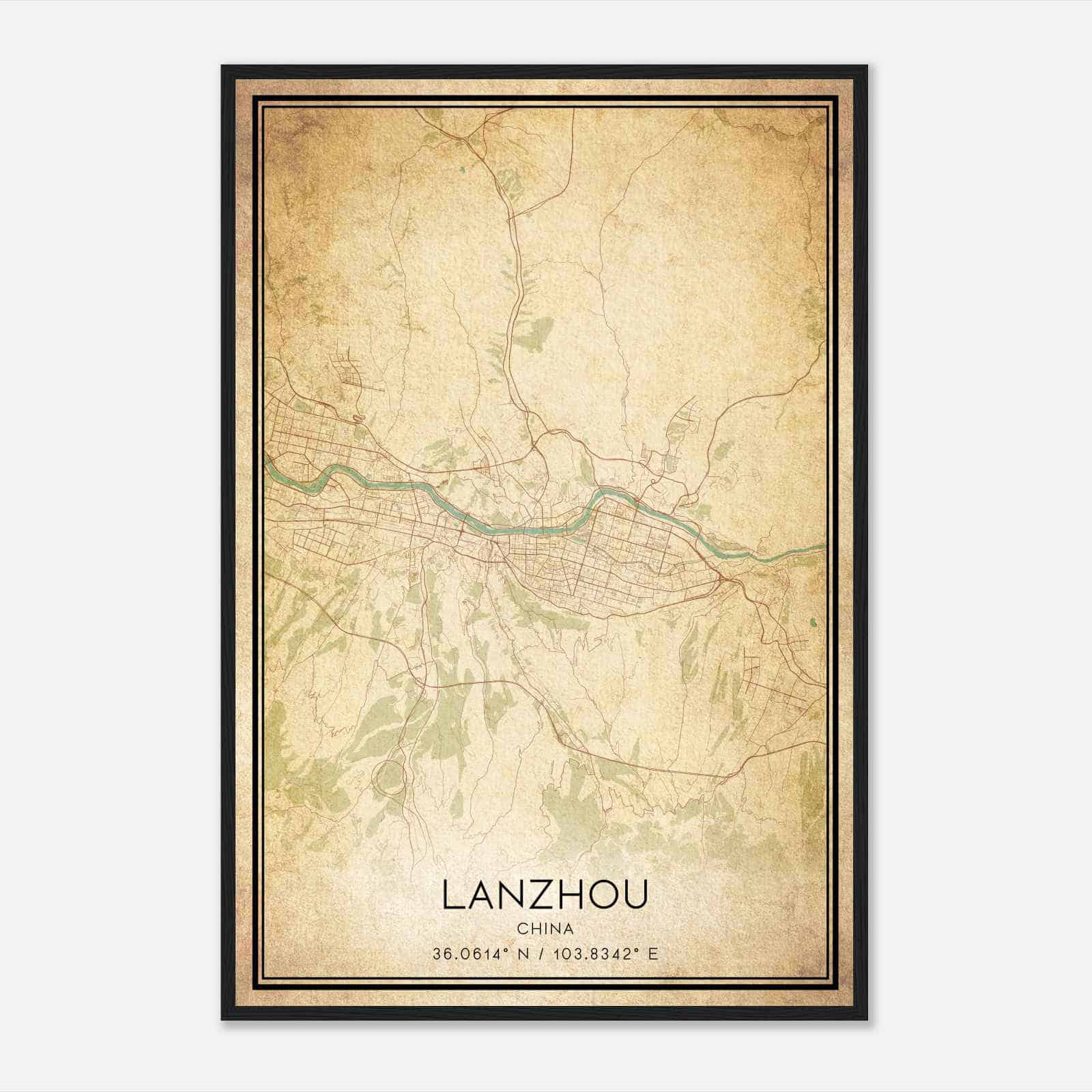 Vintage Lanzhou China Map Poster, Lanzhou City Road Wall Art Print ...