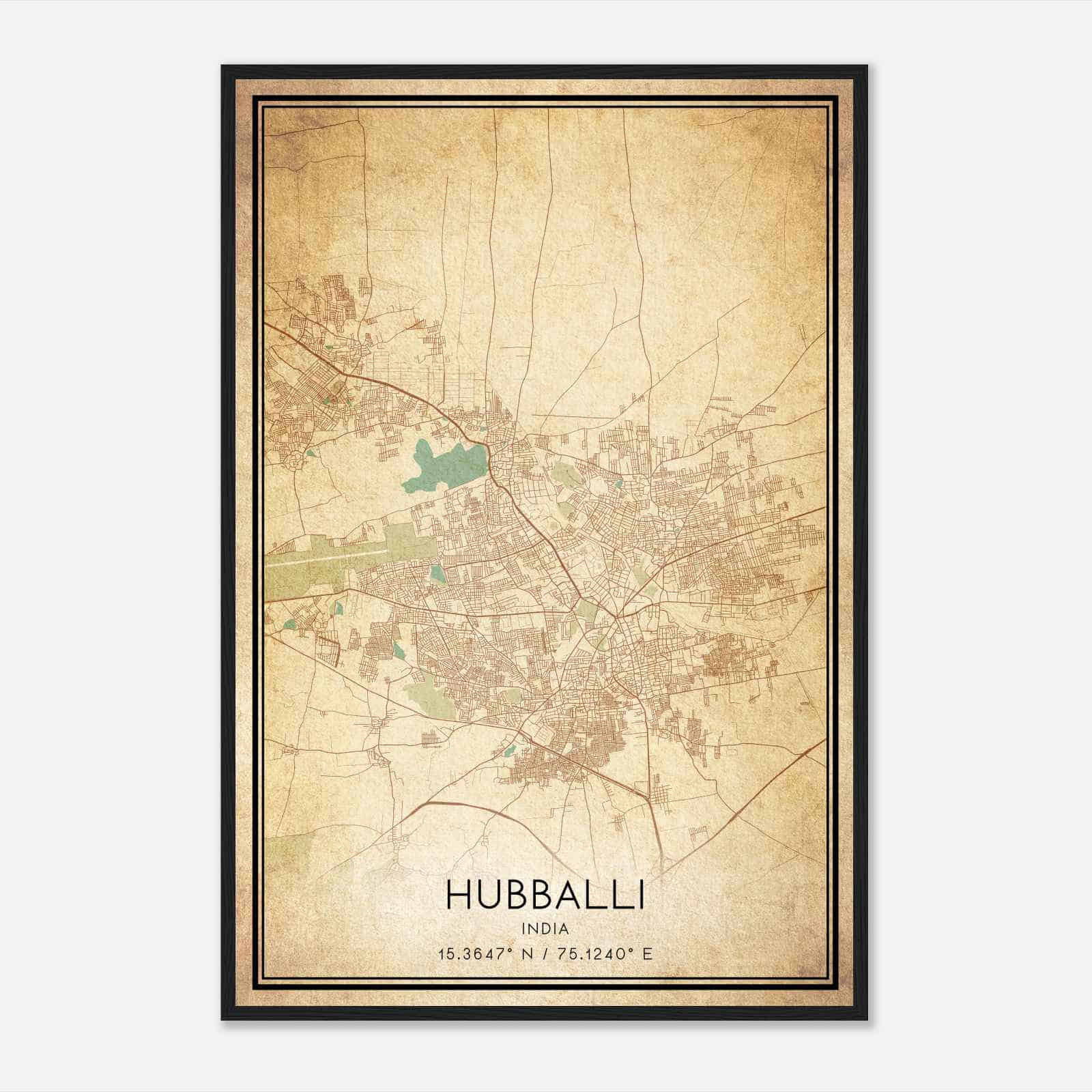 Vintage Hubballi India Map Poster, Hubballi City Road Wall Art Print ...