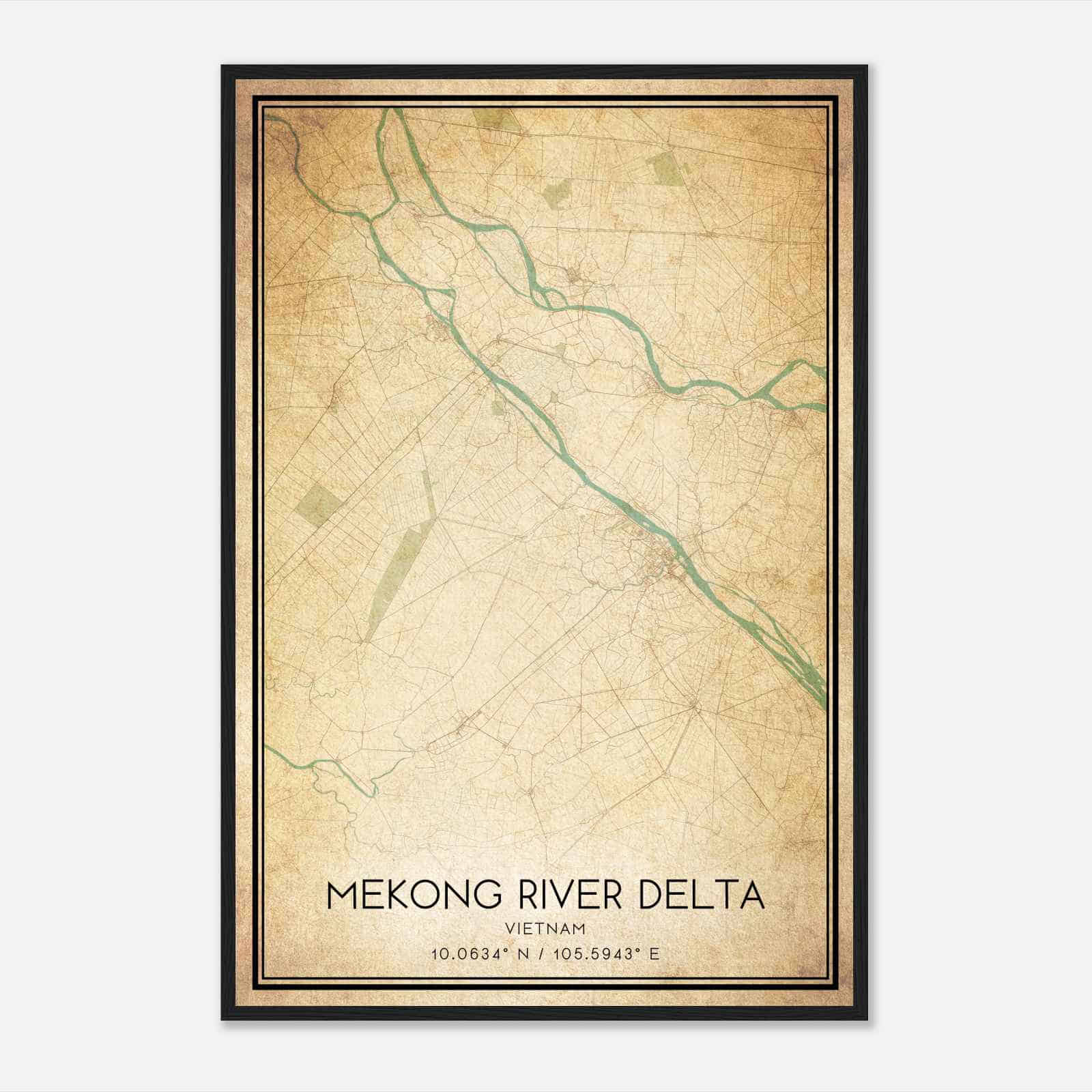Vintage Mekong River Delta Vietnam Map Poster, Mekong River Delta City ...