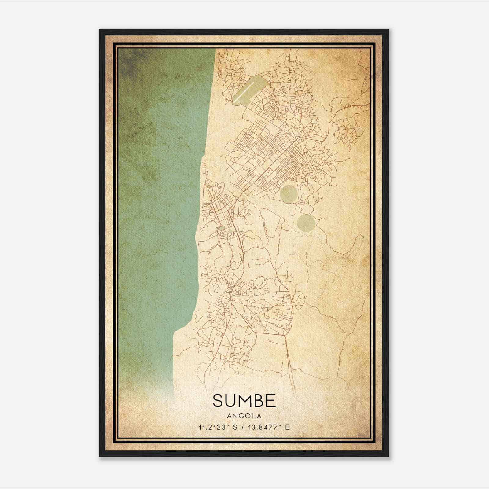 Vintage Sumbe Angola Map Poster, Sumbe City Road Wall Art Print ...