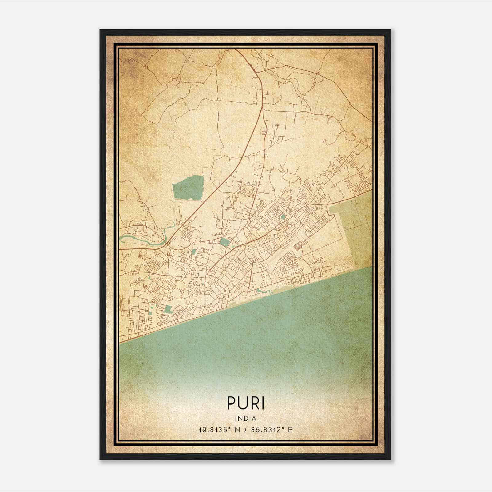 Vintage Puri India Map Poster, Puri City Road Wall Art Print - Custom ...