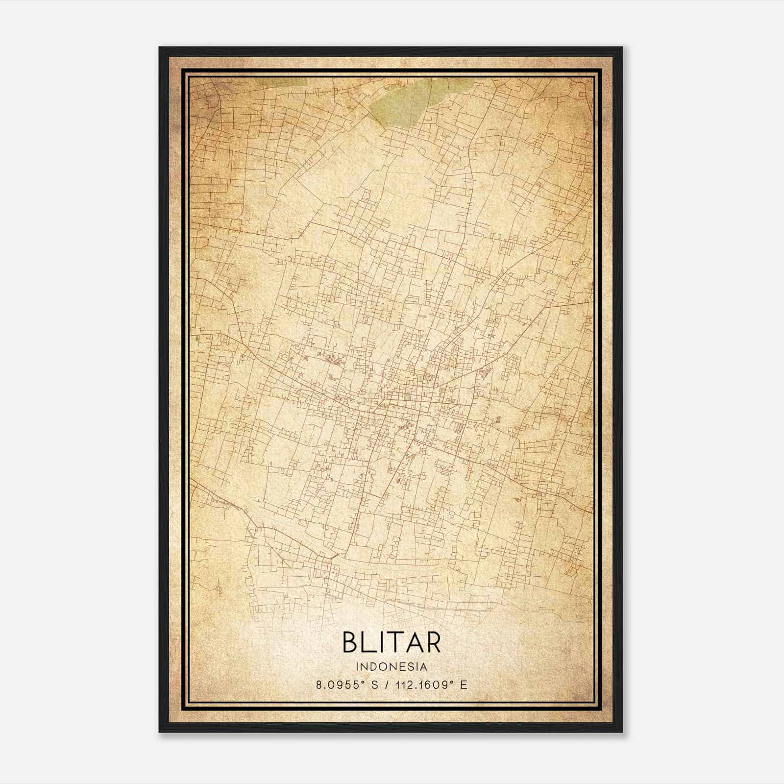 Vintage Blitar Indonesia Map Poster, Blitar City Road Wall Art Print ...