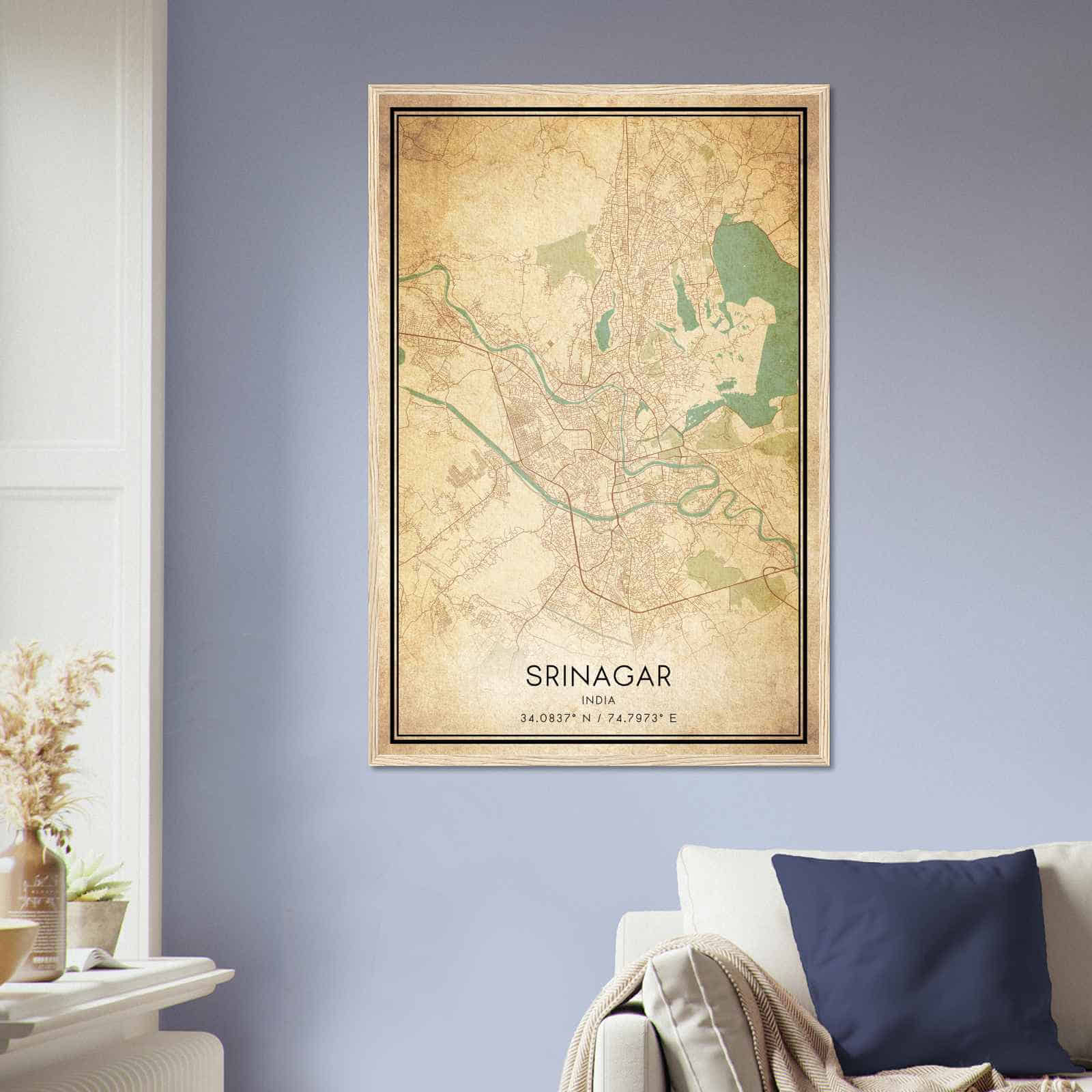 Vintage Srinagar India Map Poster, Srinagar City Road Wall Art Print ...