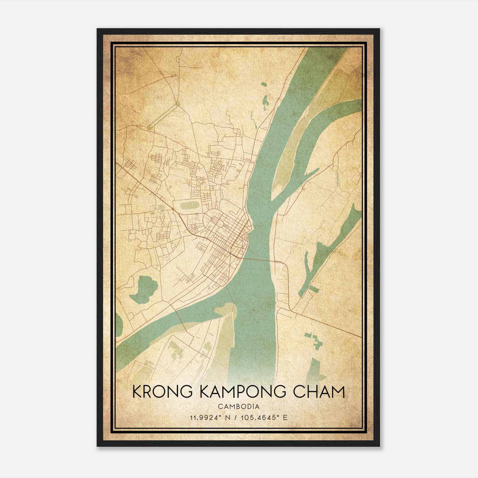 Vintage Krong Kampong Cham Cambodia Map Poster, Krong Kampong Cham City Road Wall Art Print ...