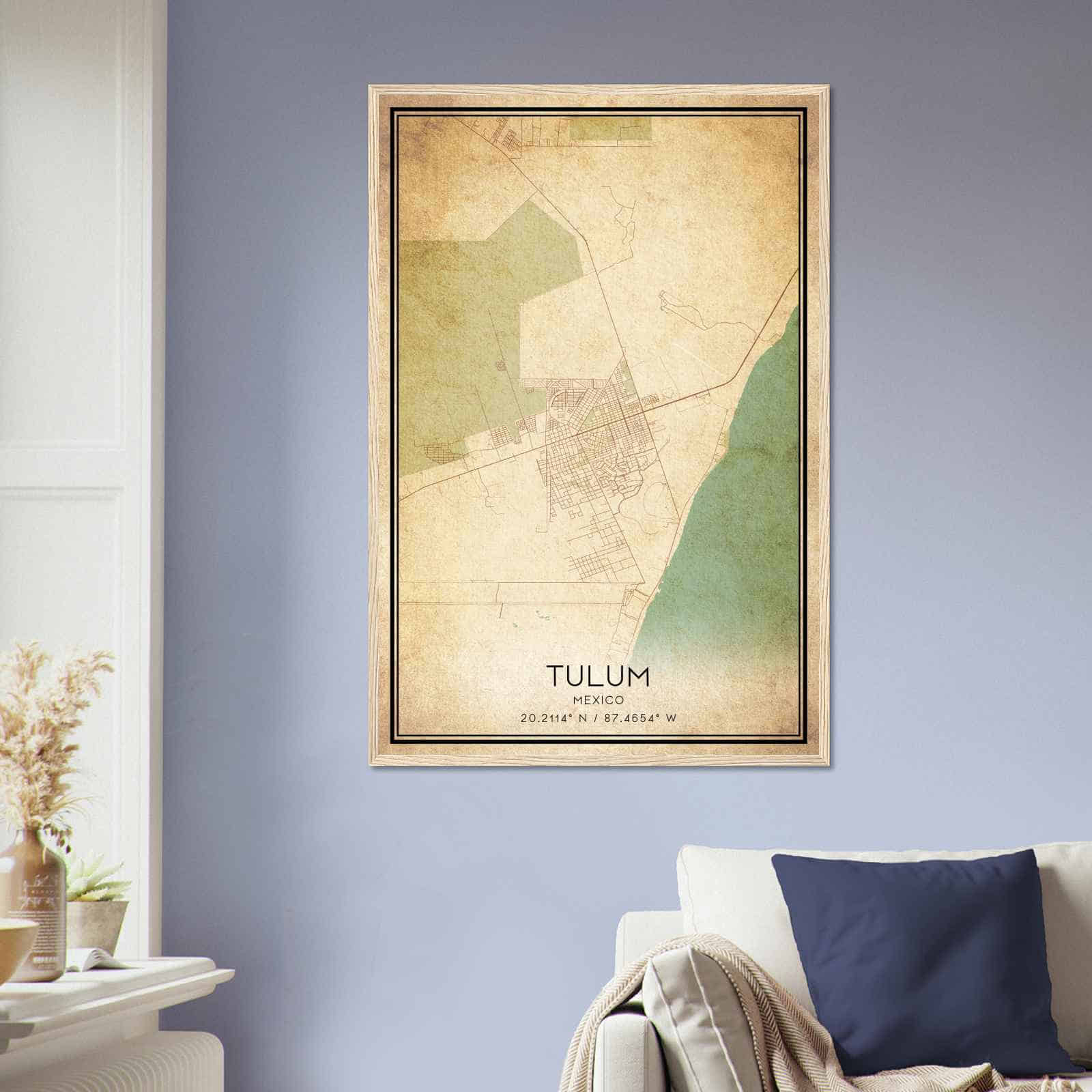 Vintage Tulum Mexico Map Poster, Tulum City Road Wall Art Print - Custom Maps & Posters