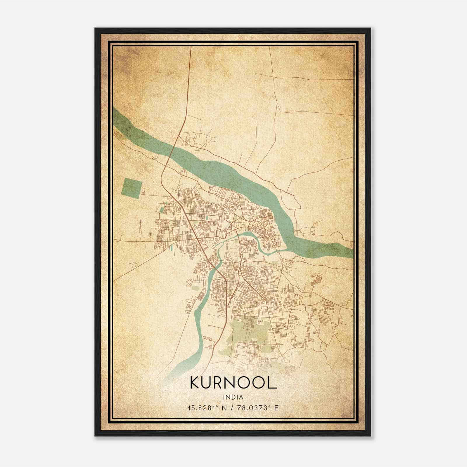 Vintage Kurnool India Map Poster, Kurnool City Road Wall Art Print ...