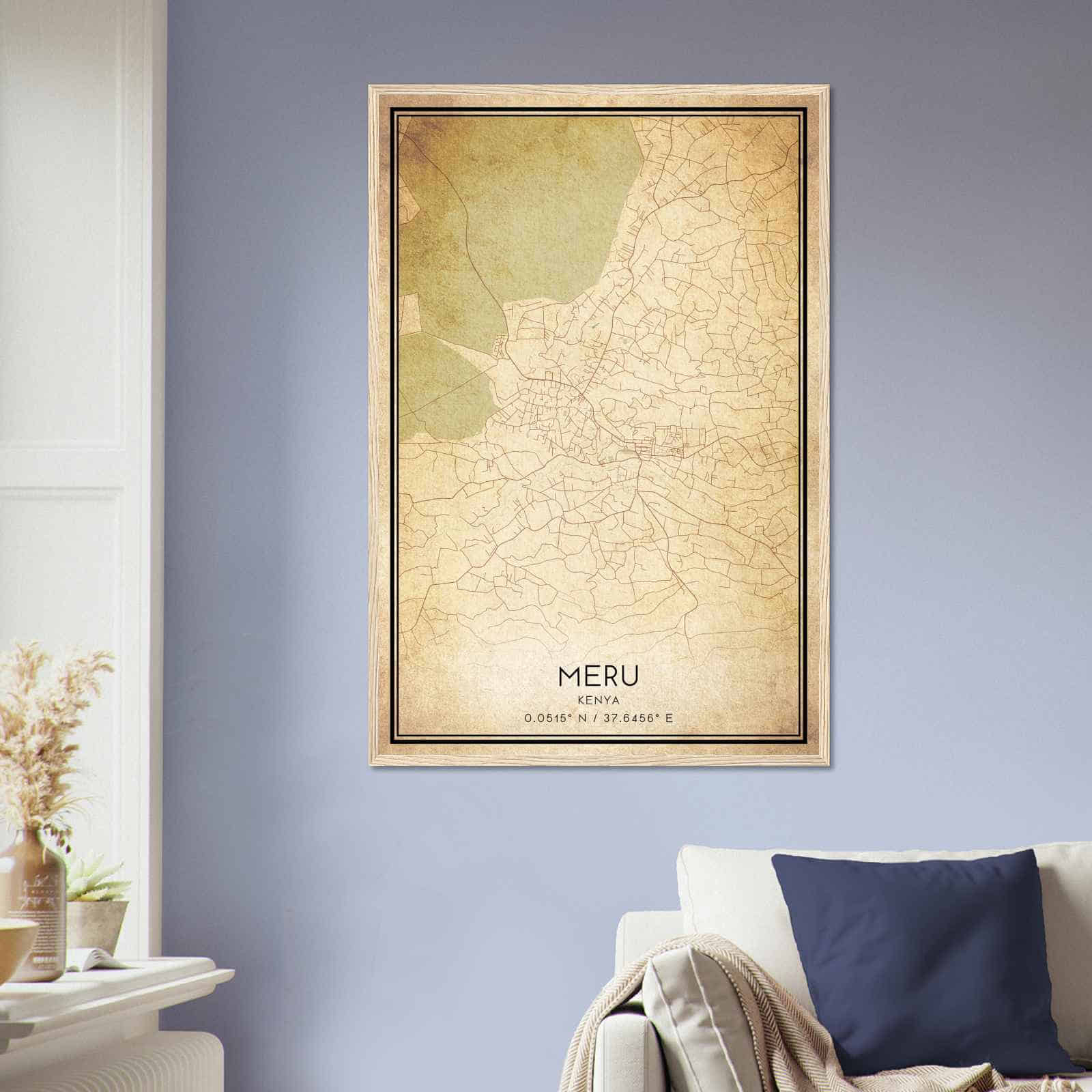 Vintage Meru Kenya Map Poster, Meru City Road Wall Art Print - Custom ...