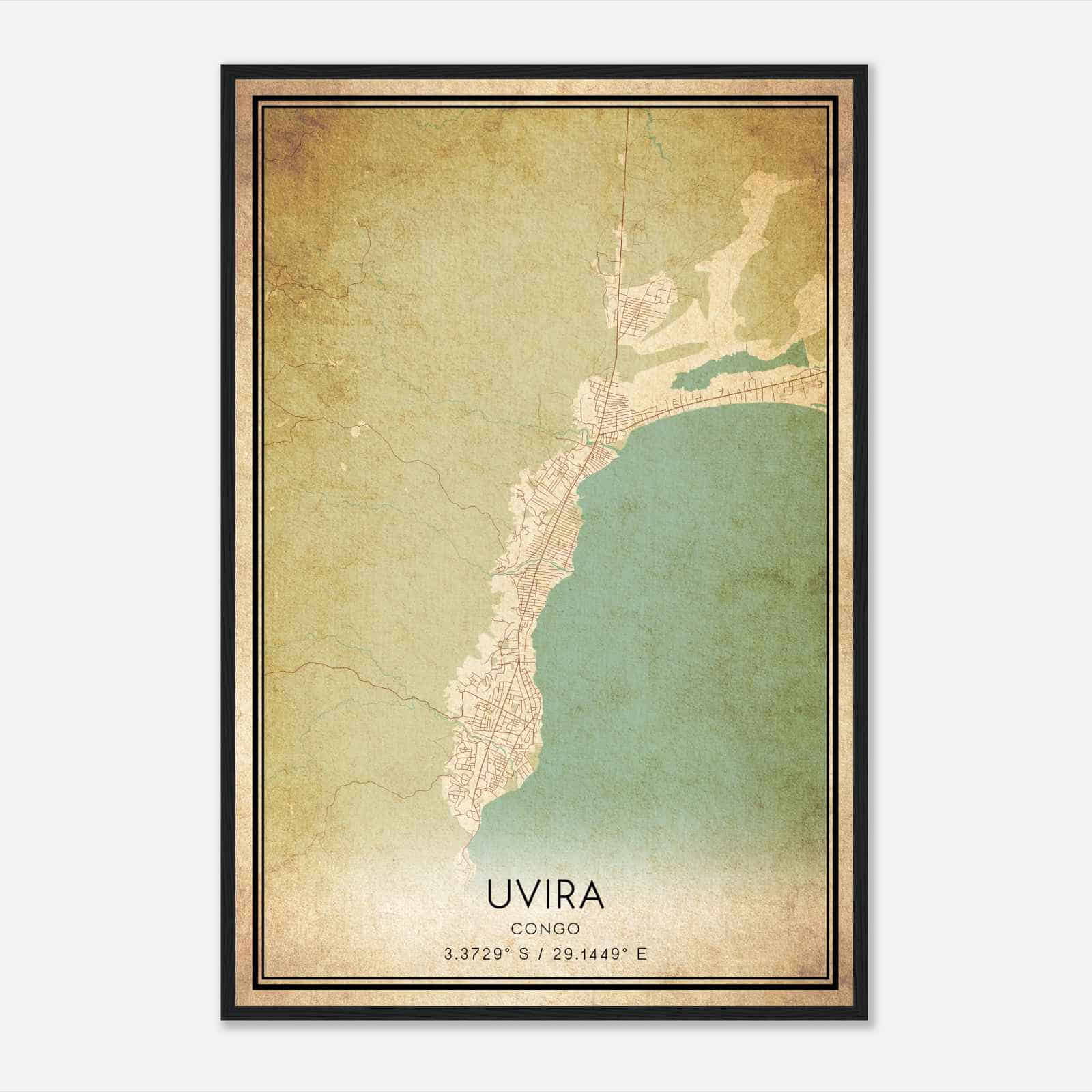 Vintage Uvira Congo Map Poster, Uvira City Road Wall Art Print - Custom ...