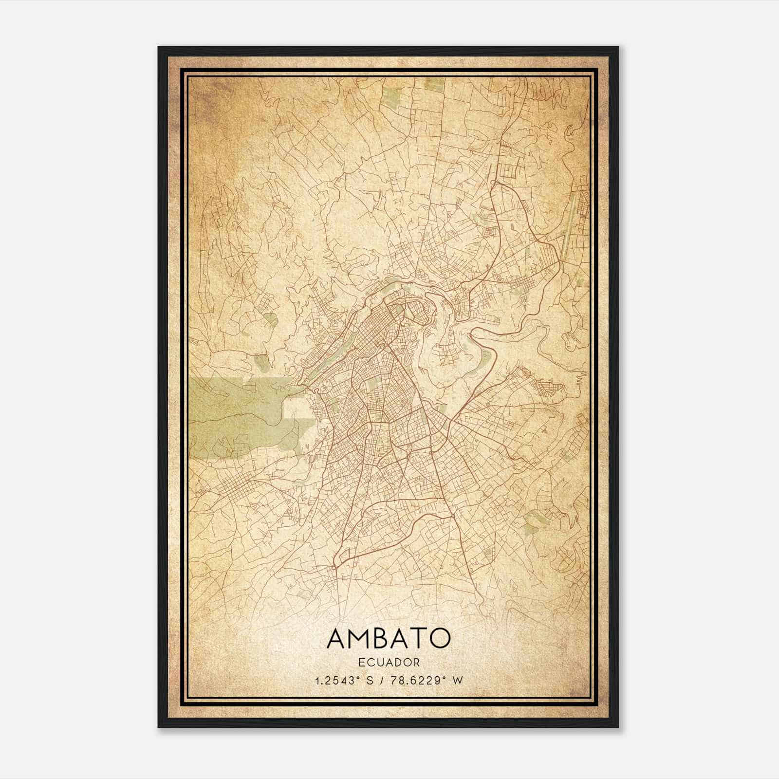 Vintage Ambato Ecuador Map Poster, Ambato City Road Wall Art Print ...