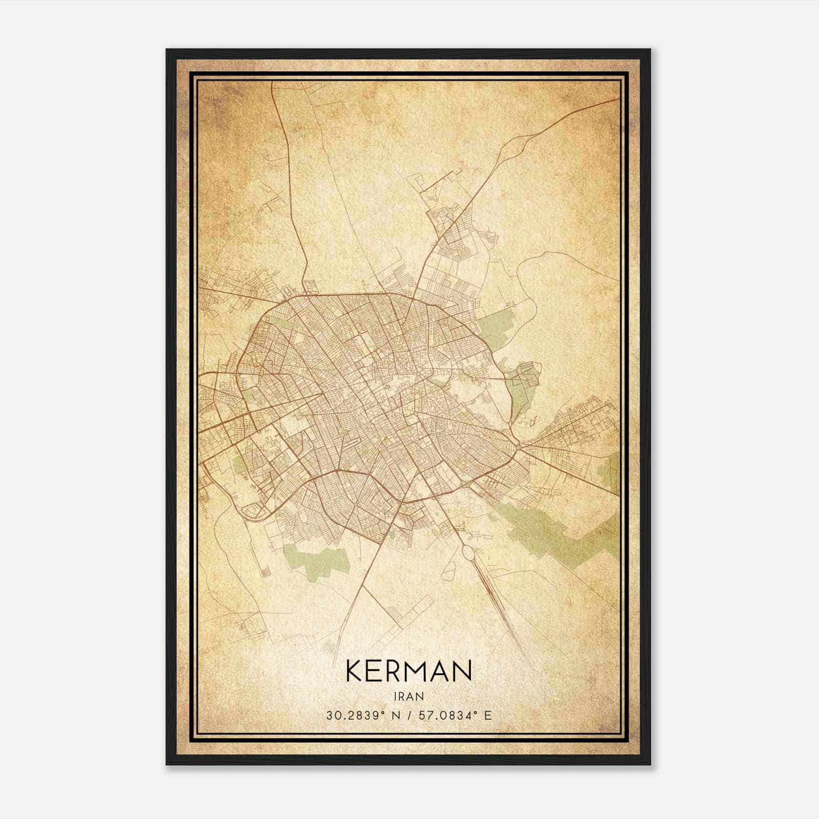 Vintage Kerman Iran Map Poster, Kerman City Road Wall Art Print ...