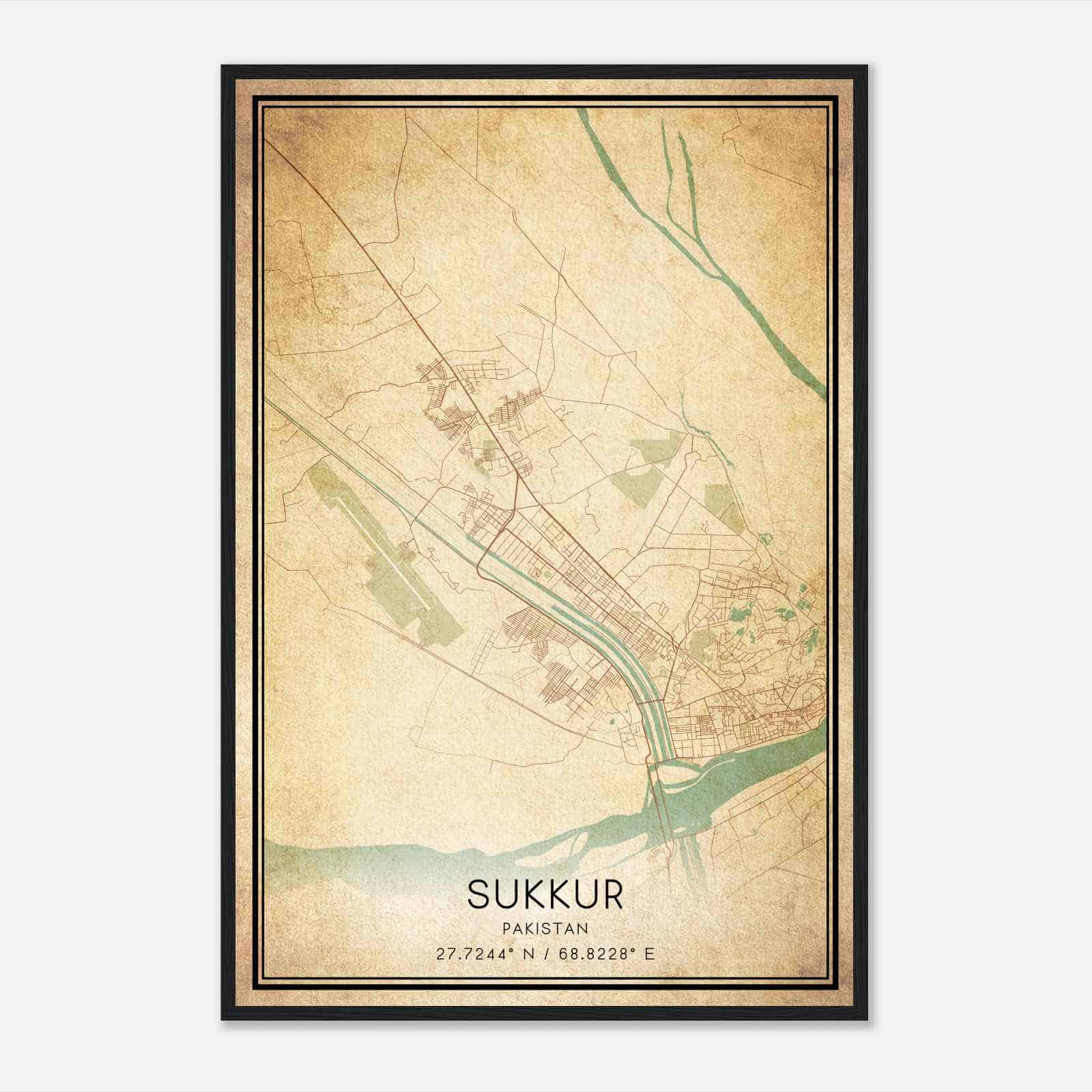 Vintage Sukkur Pakistan Map Poster, Sukkur City Road Wall Art Print ...