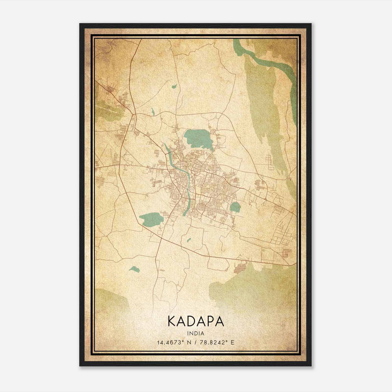 Vintage Kadapa India Map Poster, Kadapa City Road Wall Art Print - Custom Maps & Posters