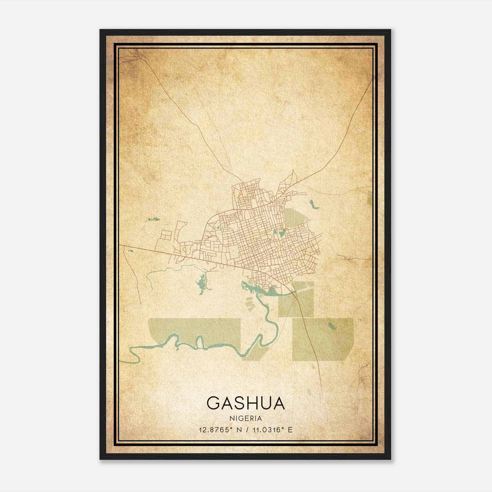 Vintage Gashua Nigeria Map Poster, Gashua City Road Wall Art Print ...