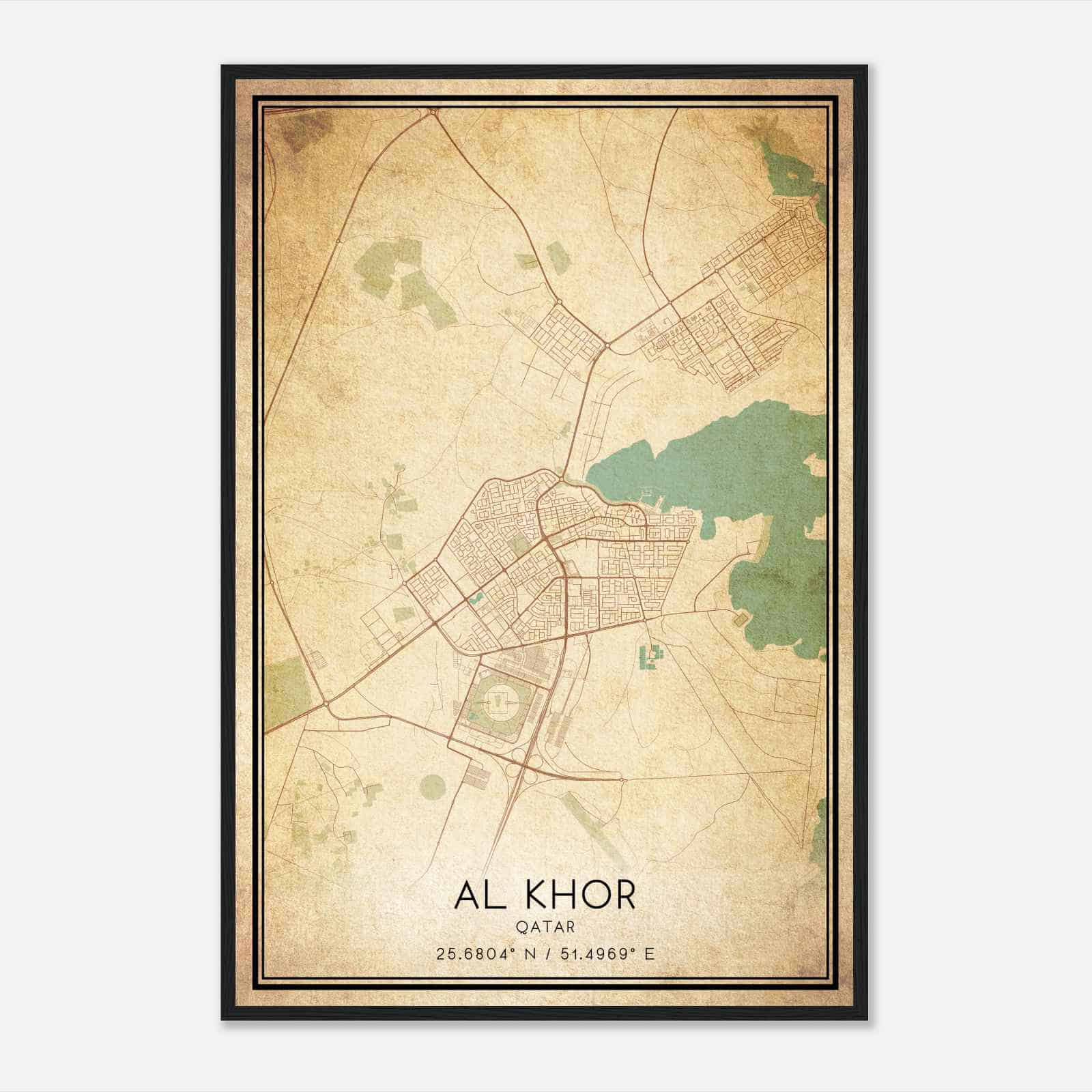 Vintage Al Khor Qatar Map Poster, Al Khor City Road Wall Art Print ...