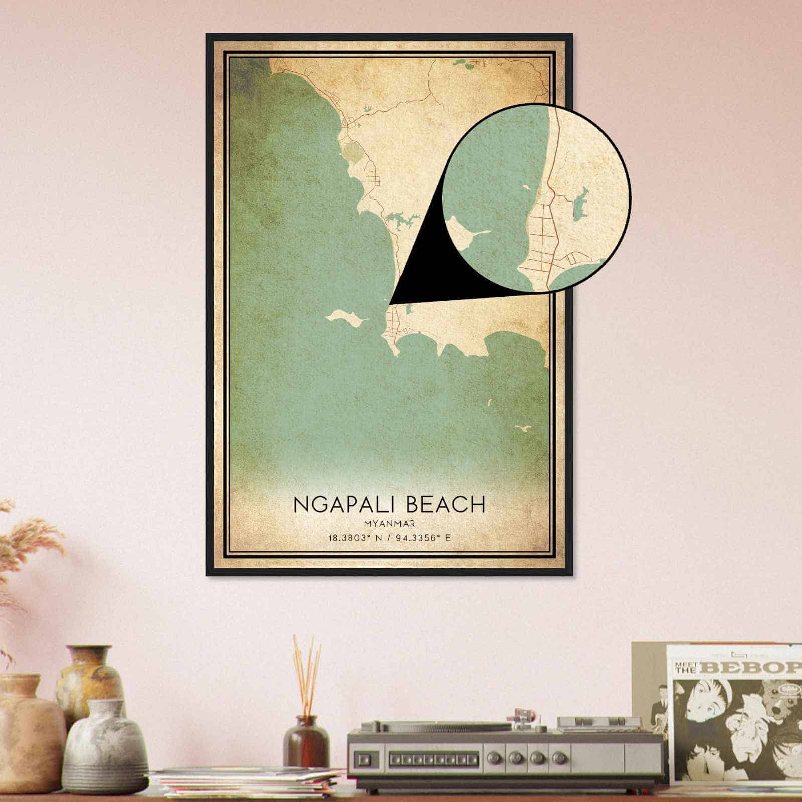 Vintage Ngapali Beach Myanmar Map Poster, Ngapali Beach City Road Wall ...