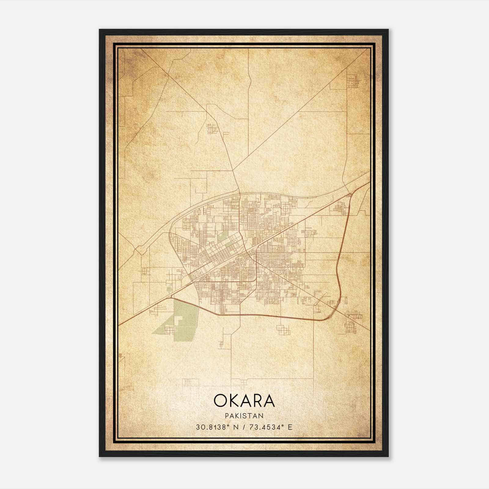 Vintage Okara Pakistan Map Poster, Okara City Road Wall Art Print ...