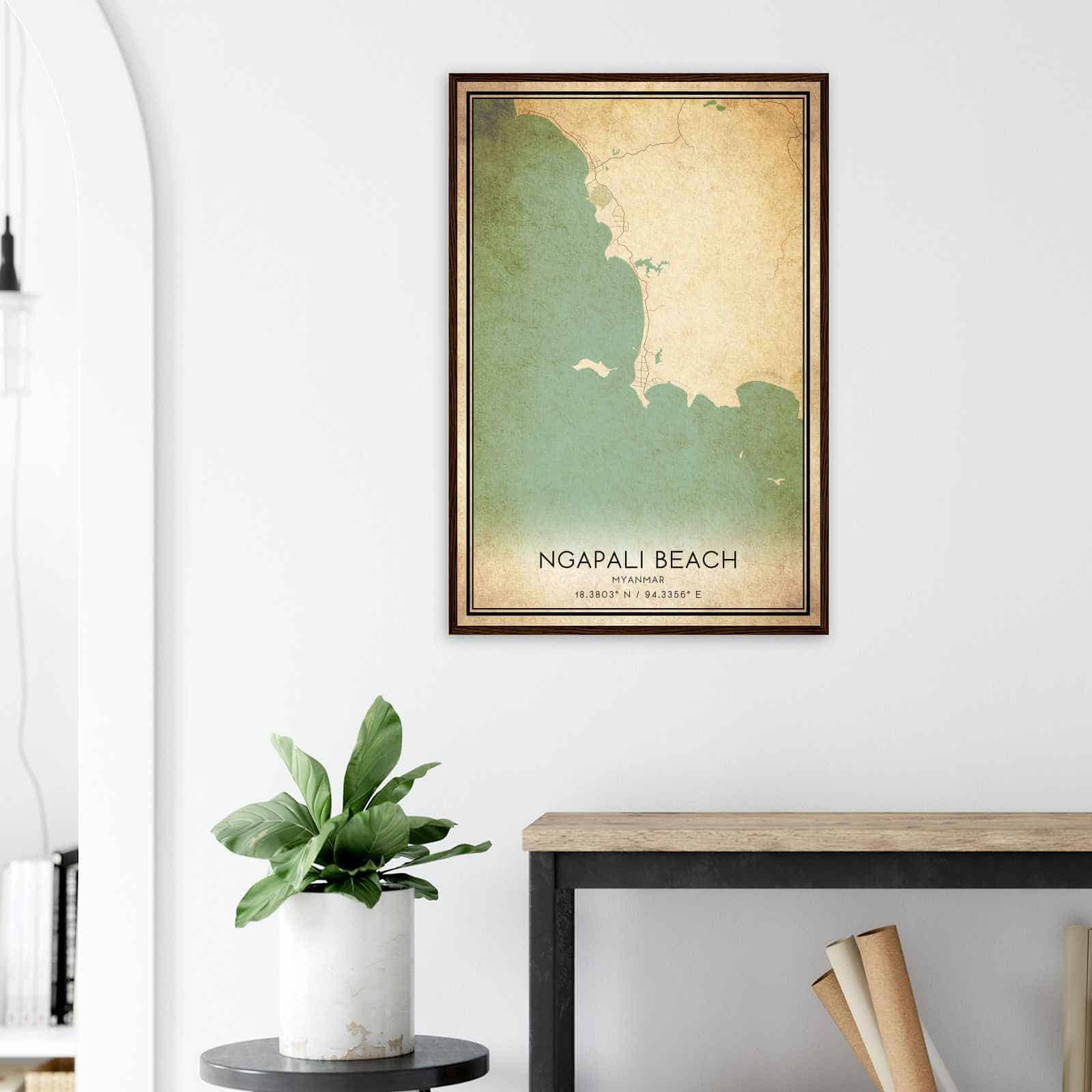 Vintage Ngapali Beach Myanmar Map Poster, Ngapali Beach City Road Wall ...