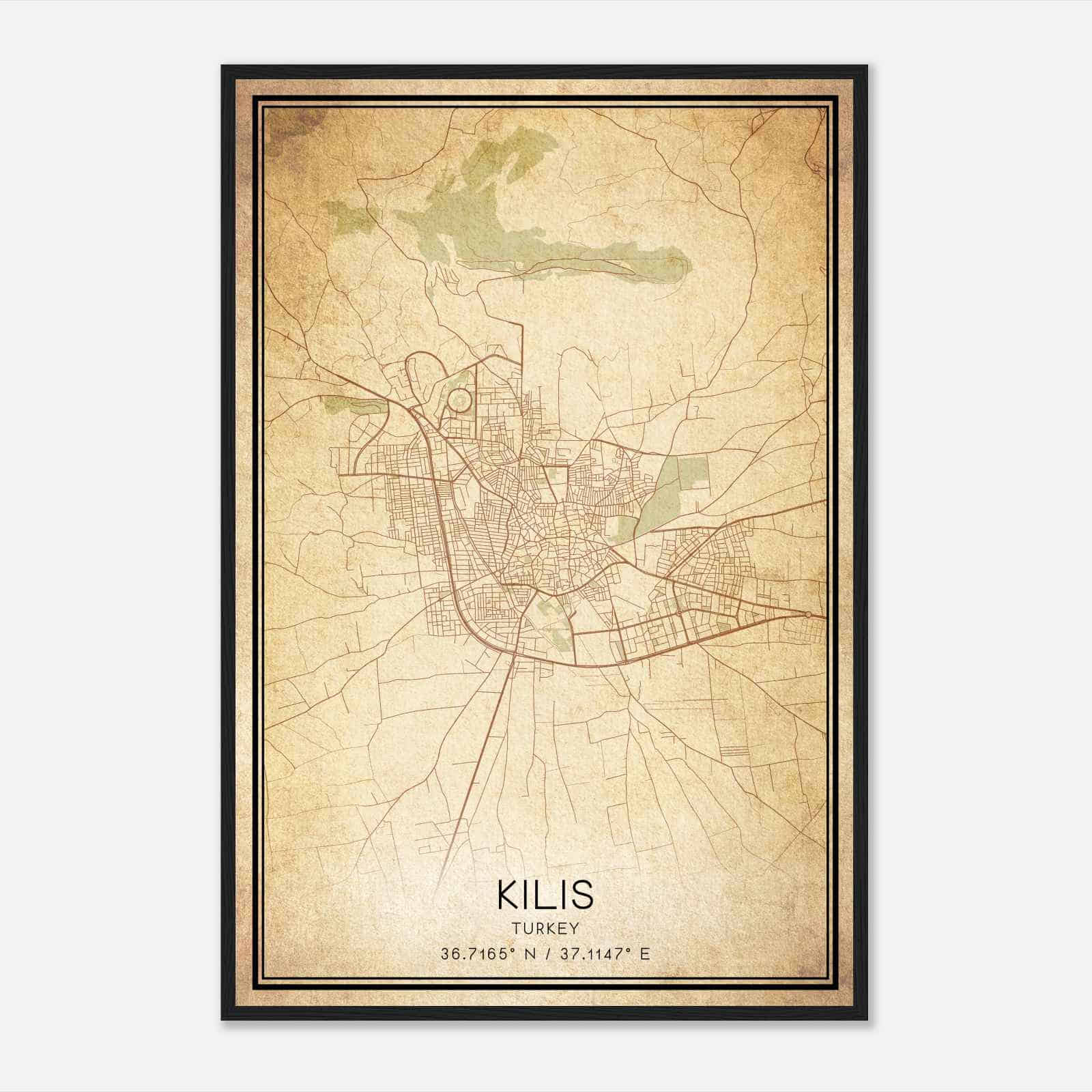 Vintage Kilis Turkey Map Poster, Kilis City Road Wall Art Print ...