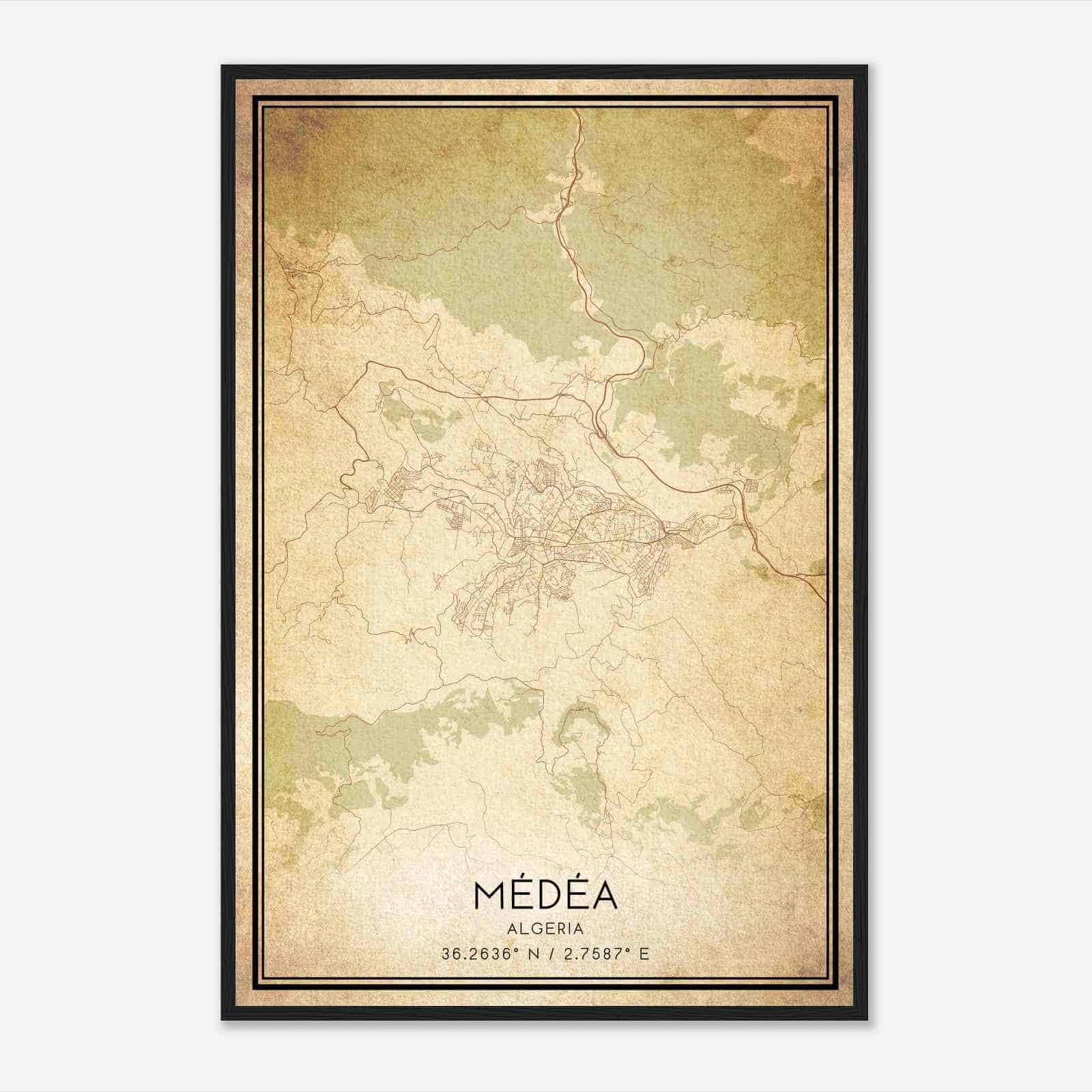 Vintage Medea Algeria Map Poster, Medea City Road Wall Art Print - Custom Maps & Posters