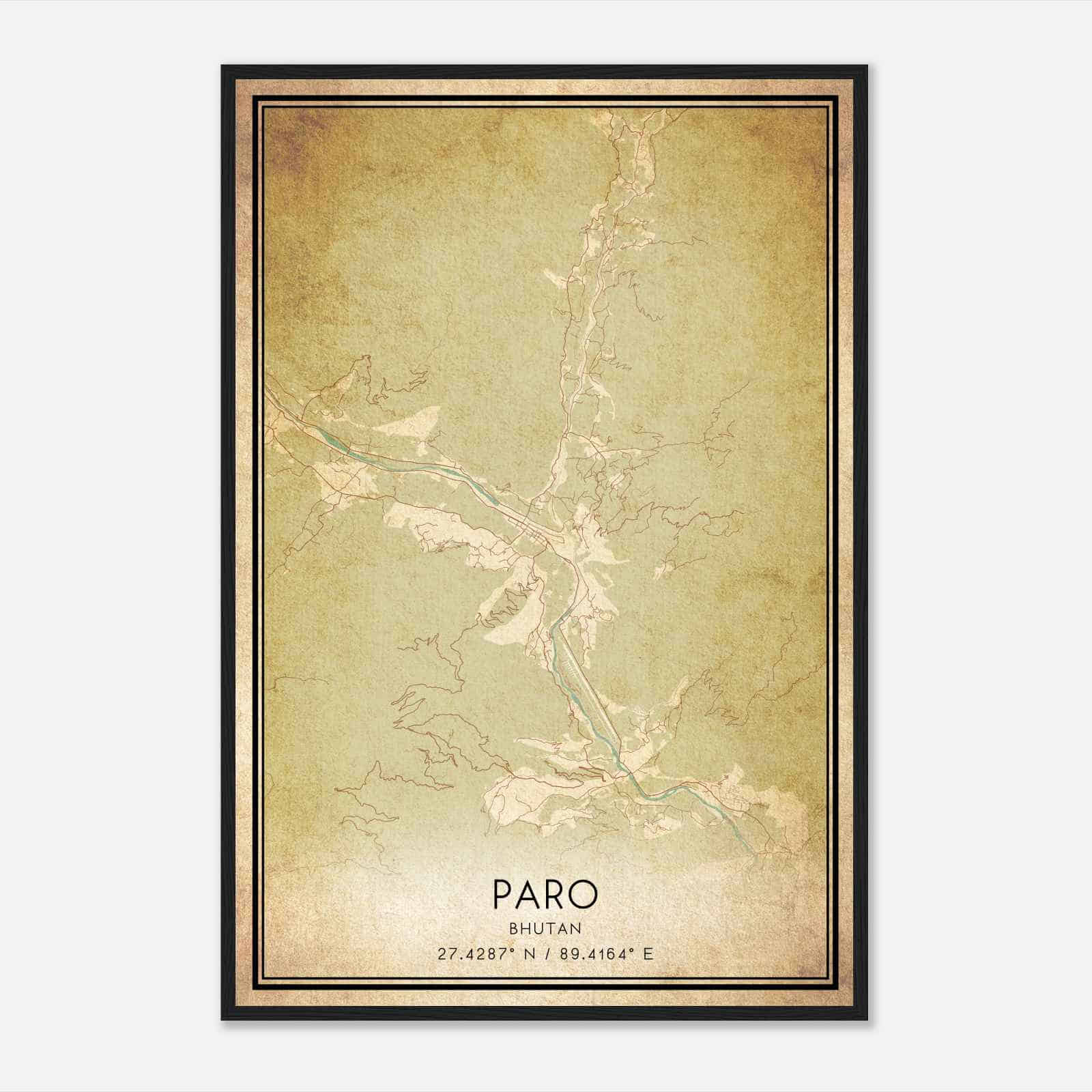 Vintage Paro Bhutan Map Poster, Paro City Road Wall Art Print - Custom ...