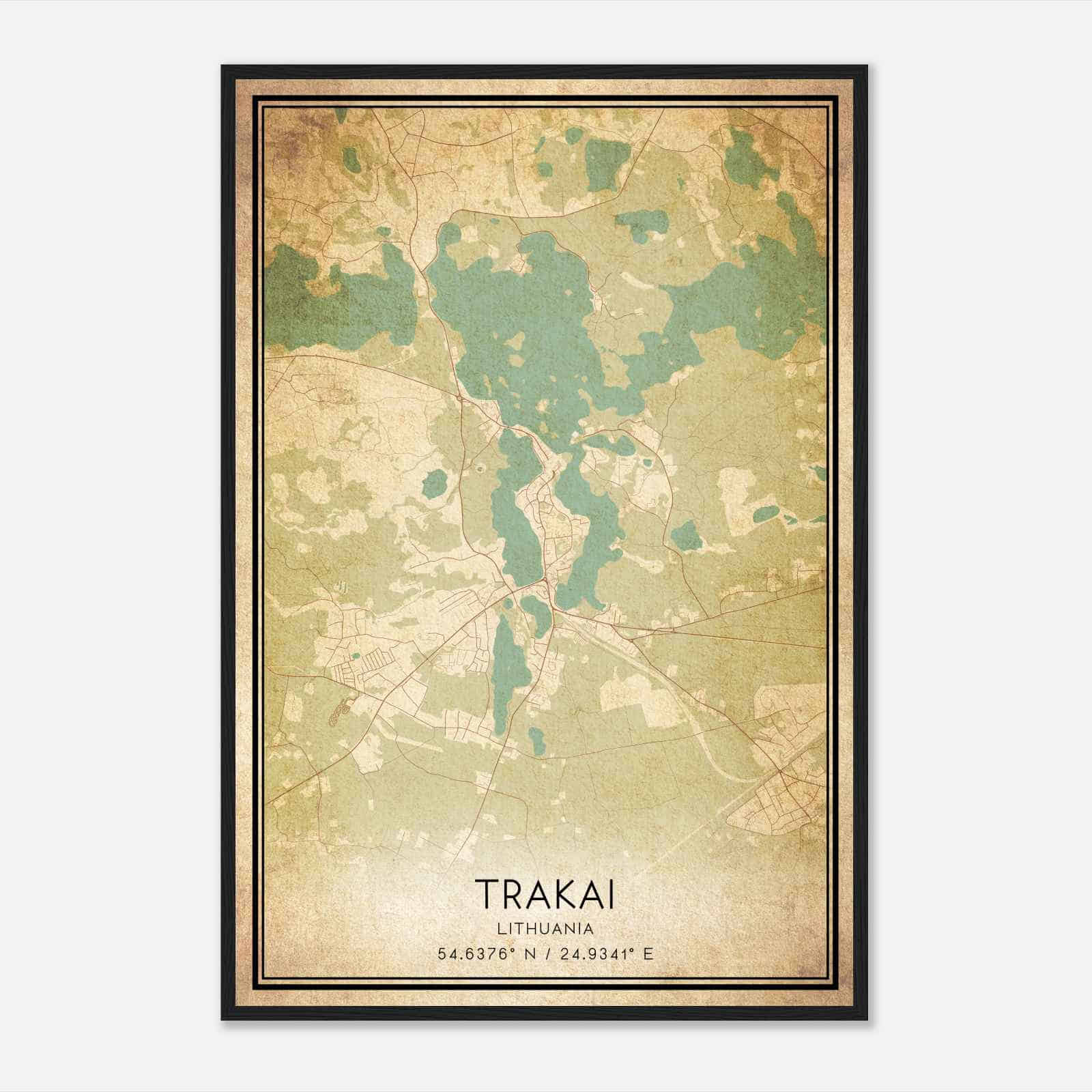 Vintage Trakai Lithuania Map Poster, Trakai City Road Wall Art Print ...